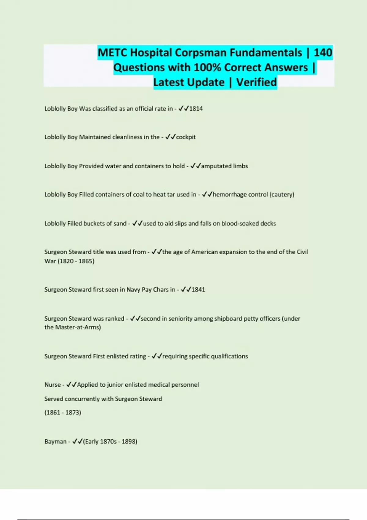 METC Hospital Corpsman Fundamentals | 140 Questions with 100% Correct ...