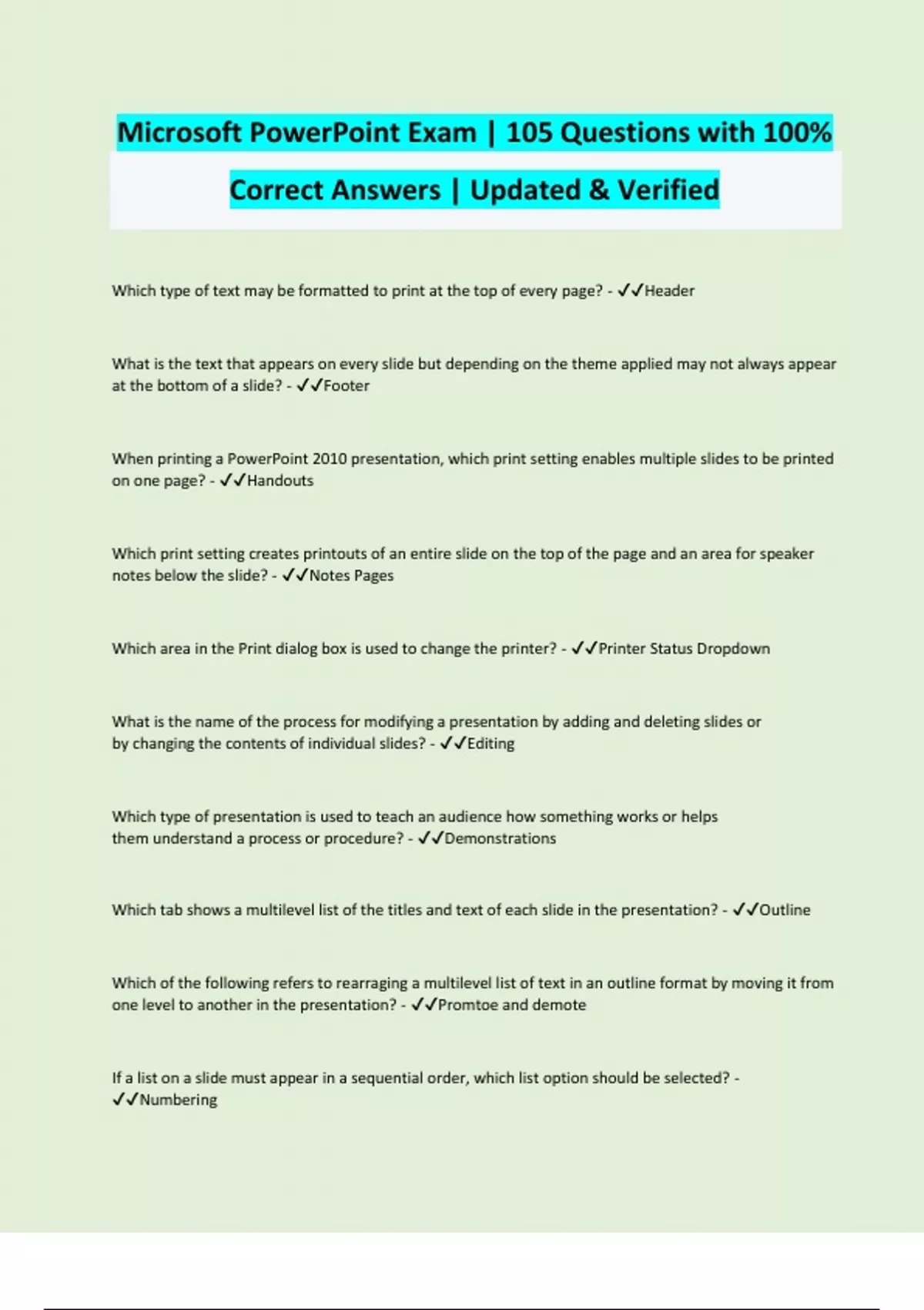 Microsoft PowerPoint Exam | 105 Questions with 100% Correct Answers ...