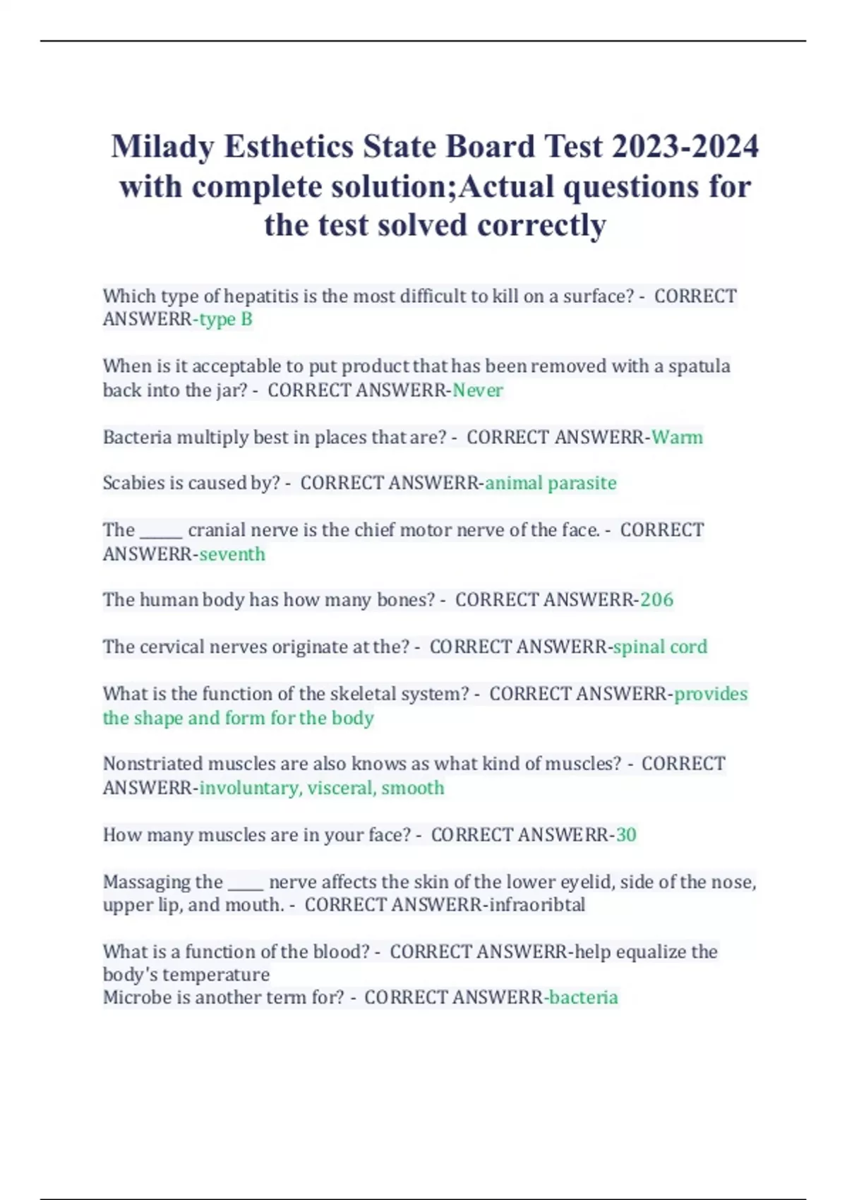 Milady Esthetics State Board Test with complete solution - Milady ...