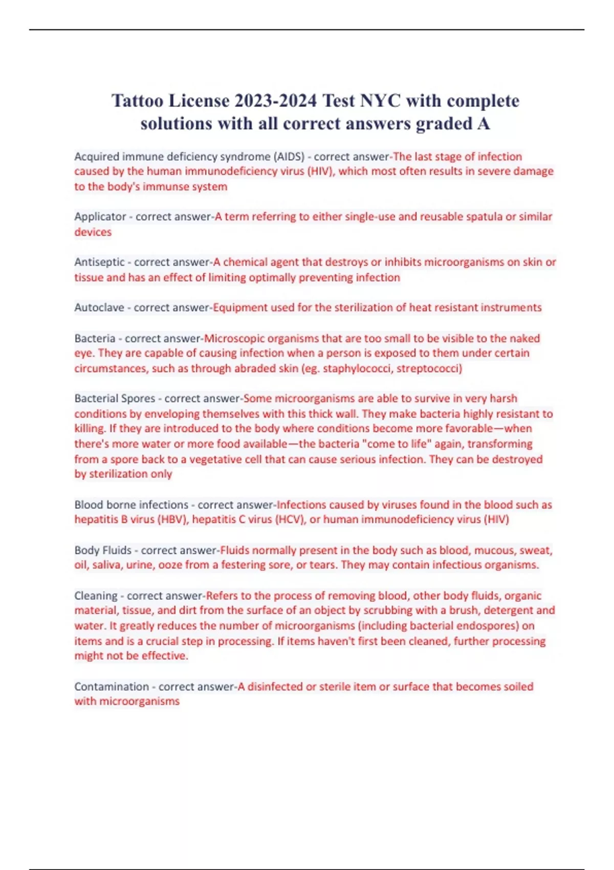 Tattoo License Test NYC with complete solutions with all correct ...