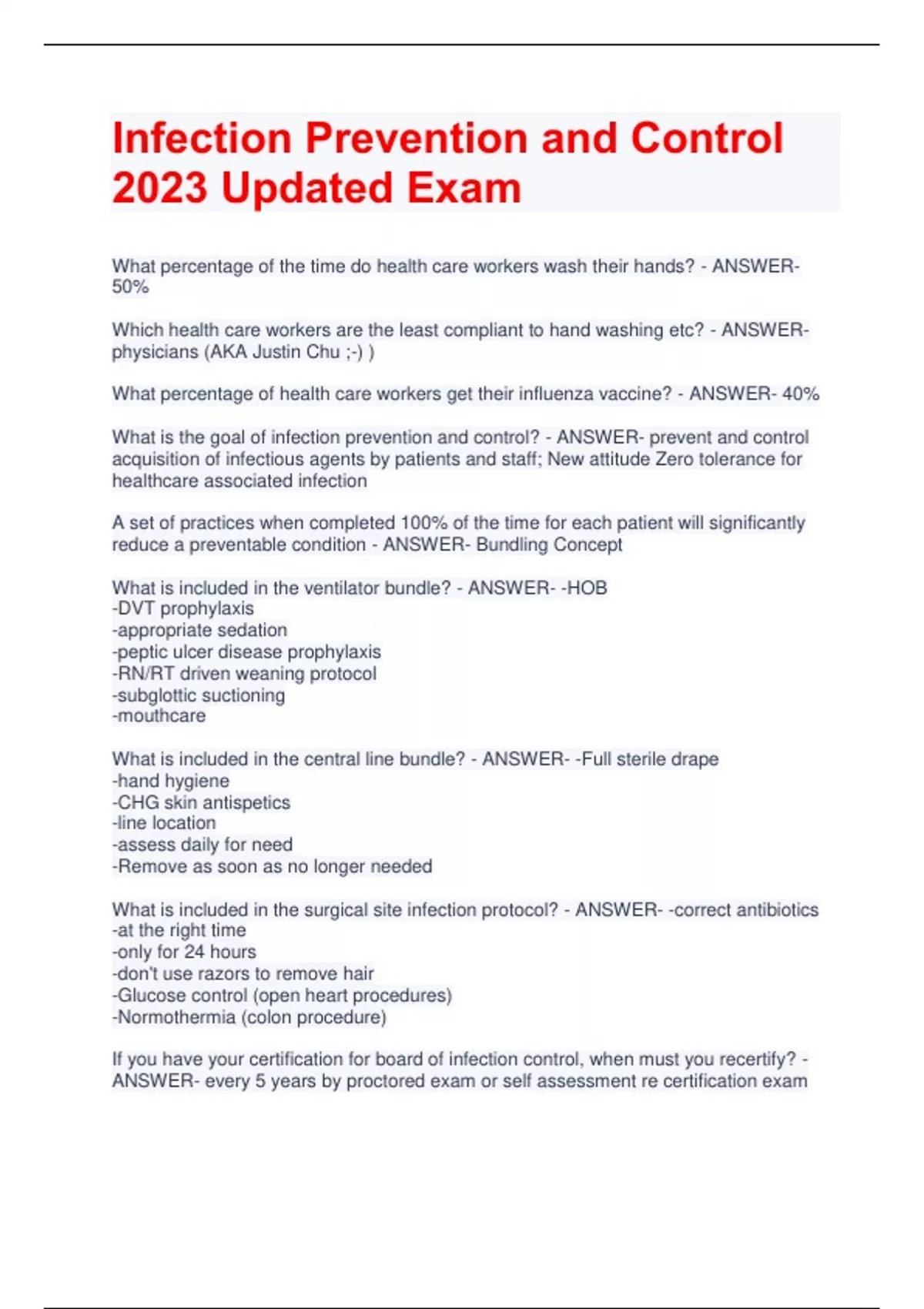 Infection Prevention and Control 2023 Updated Exam - Infection ...