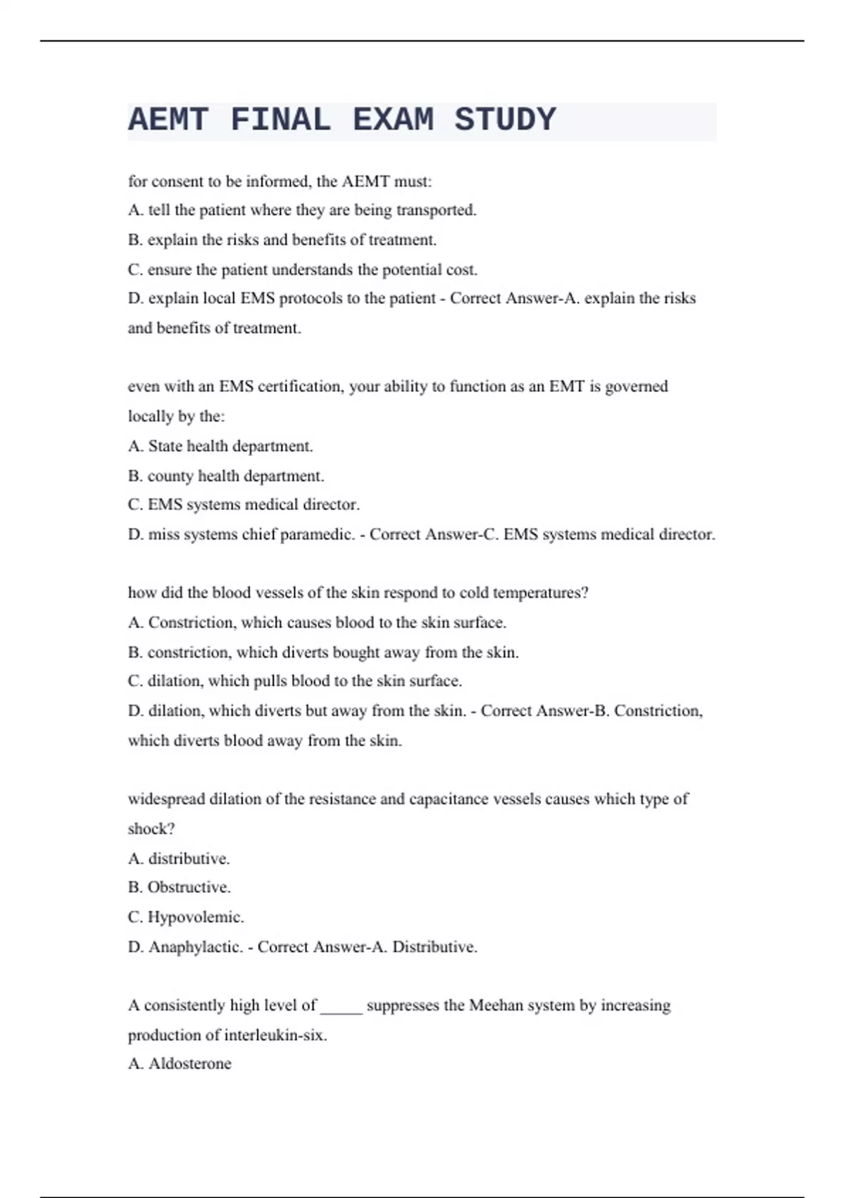 AEMT FINAL EXAM STUDY with Correct Answers - NRAEMT - Nationally Registered Advanced Emergency ...