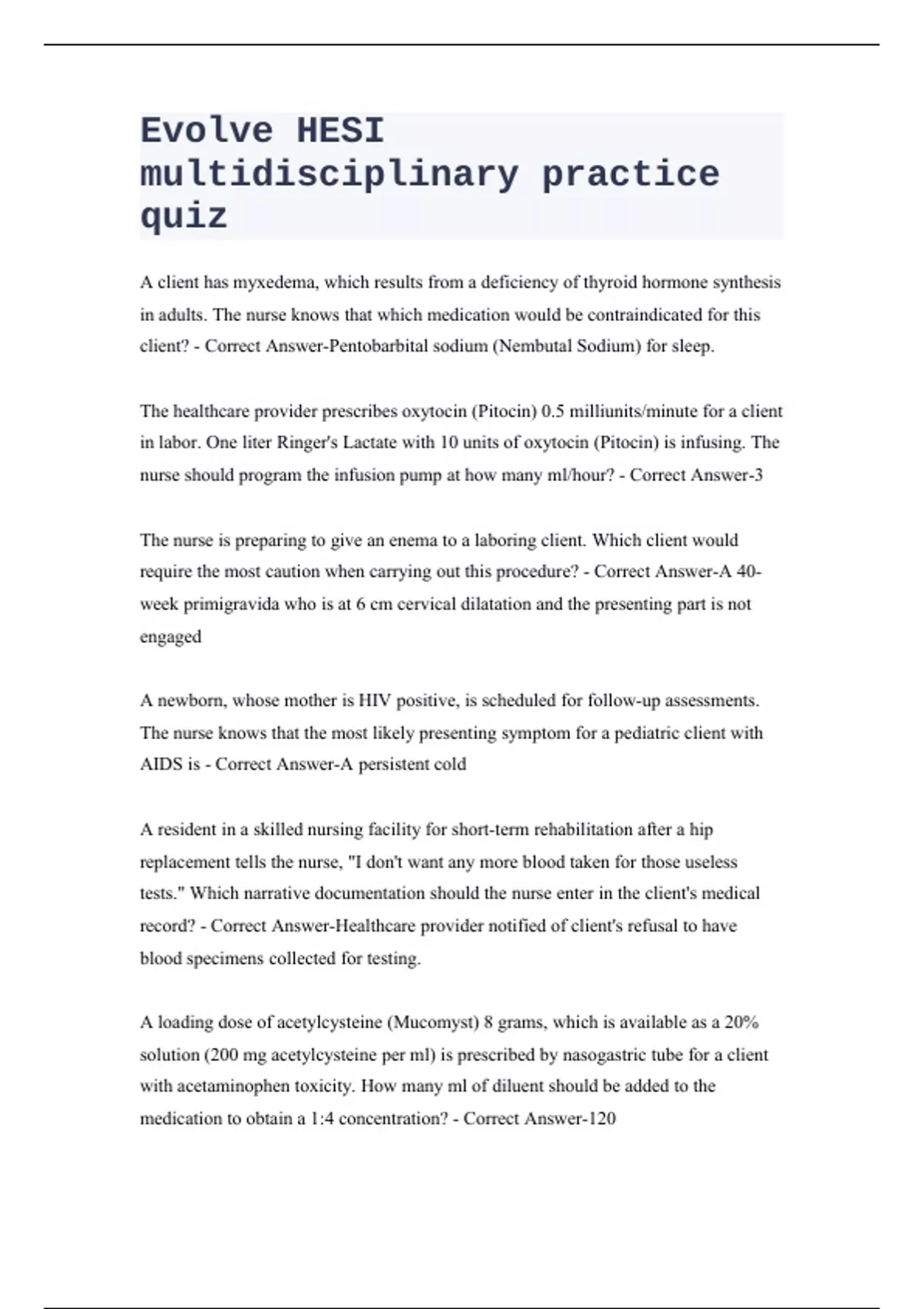 Evolve HESI multidisciplinary practice quiz with Correct Answers 2025 ...