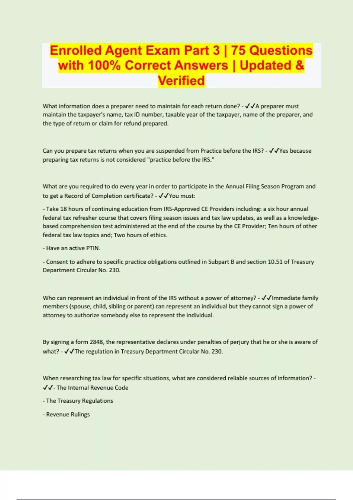 Enrolled Agent Exam Part 3 | 75 Questions with 100% Correct Answers | Updated & Verified ...