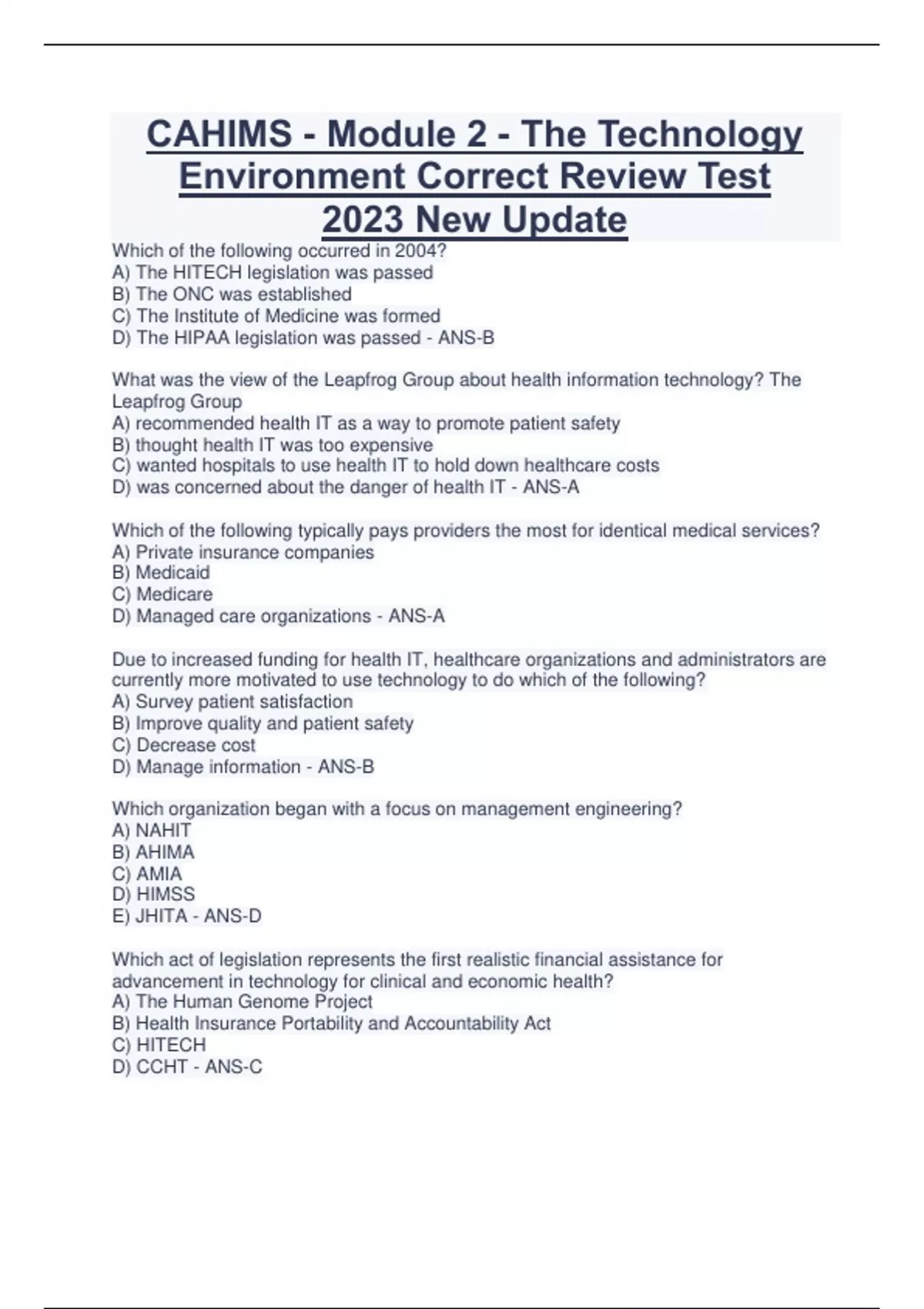 CAHIMS - Module 2 - The Technology Environment Correct Review Test 2023 ...