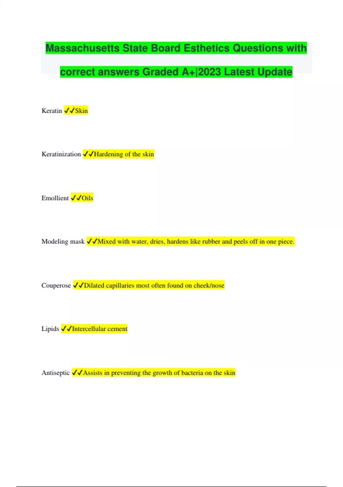 Massachusetts State Board Esthetics Questions with correct answers ...