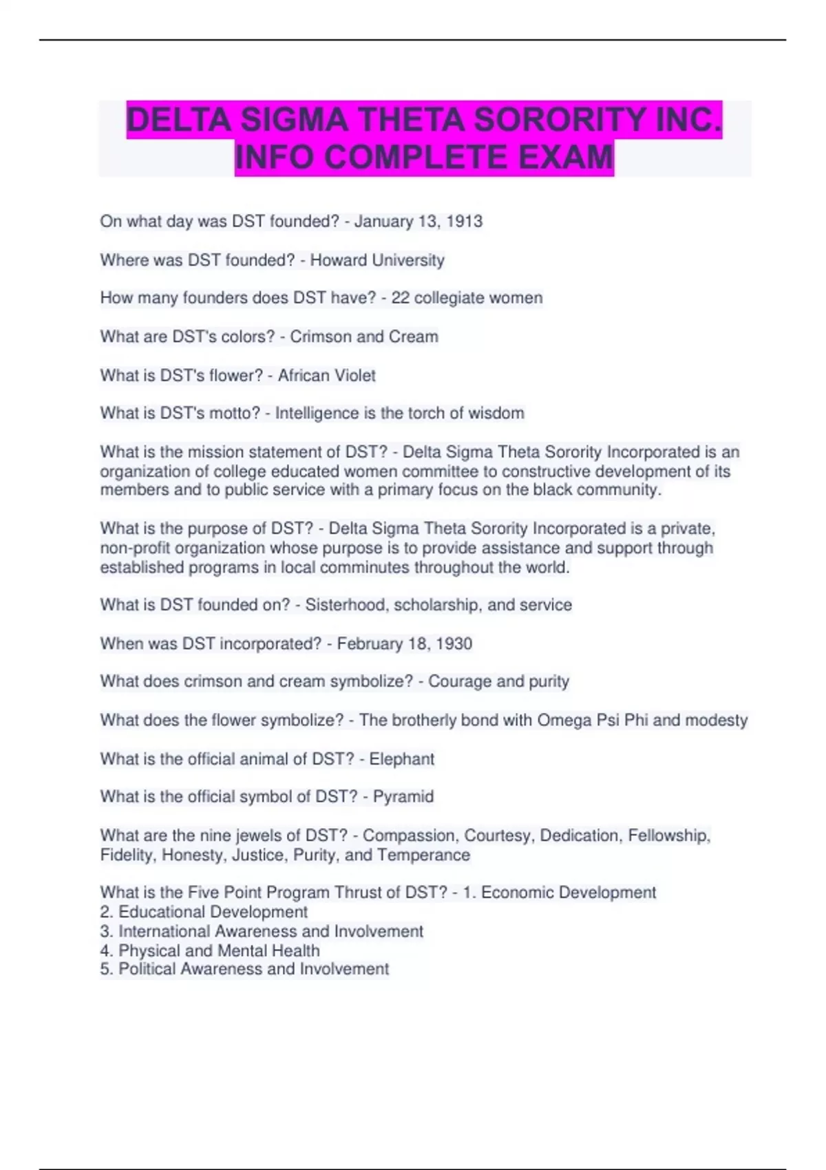 DELTA SIGMA THETA SORORITY INC. INFO COMPLETE EXAM - DAT Delta ...