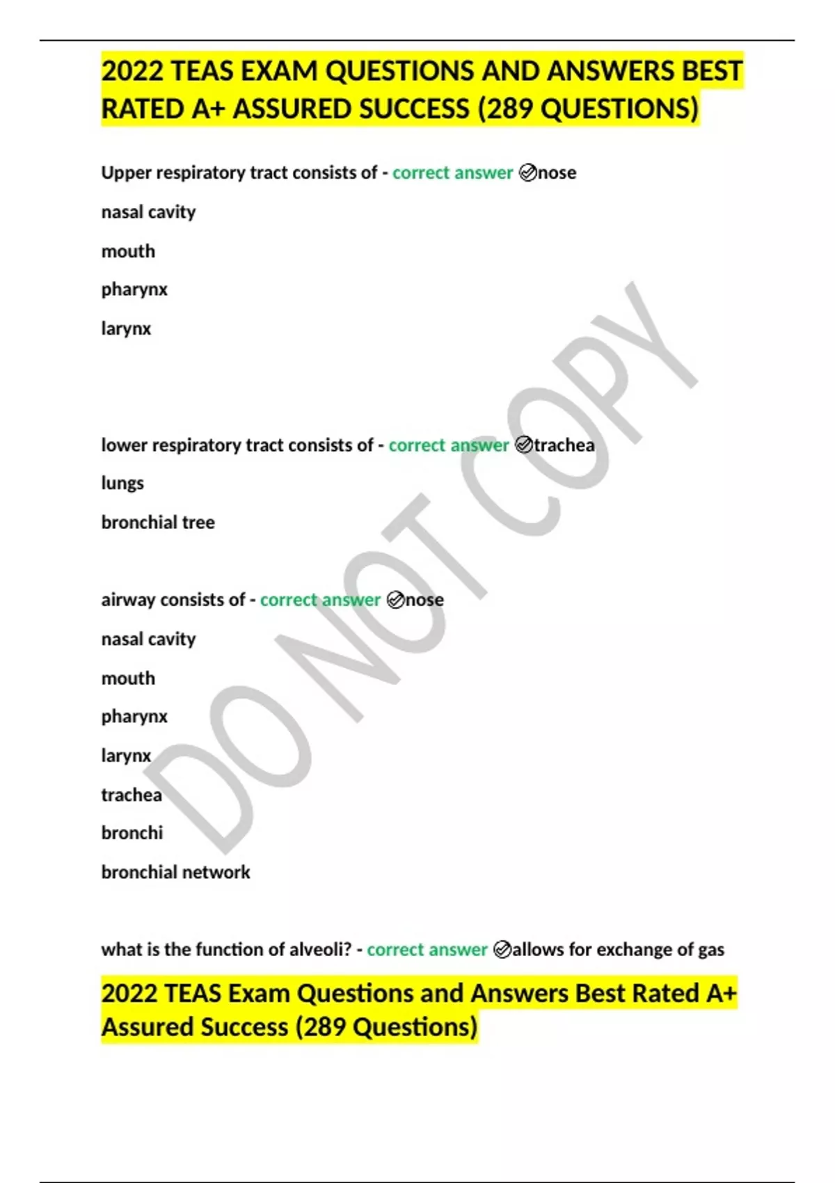 2022 TEAS EXAM QUESTIONS AND ANSWERS BEST RATED A+ ASSURED SUCCESS (289 ...