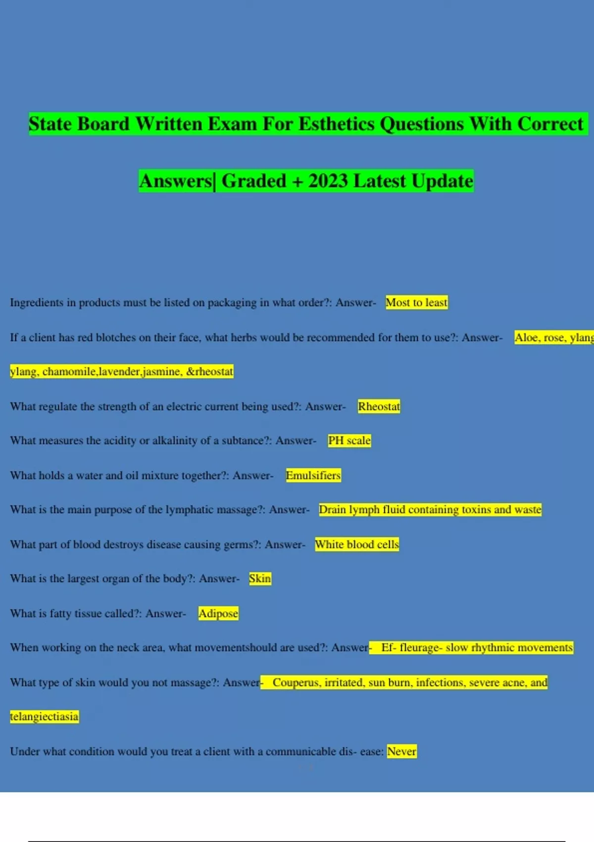 State Board Written Exam For Esthetics Questions With Correct Answers ...