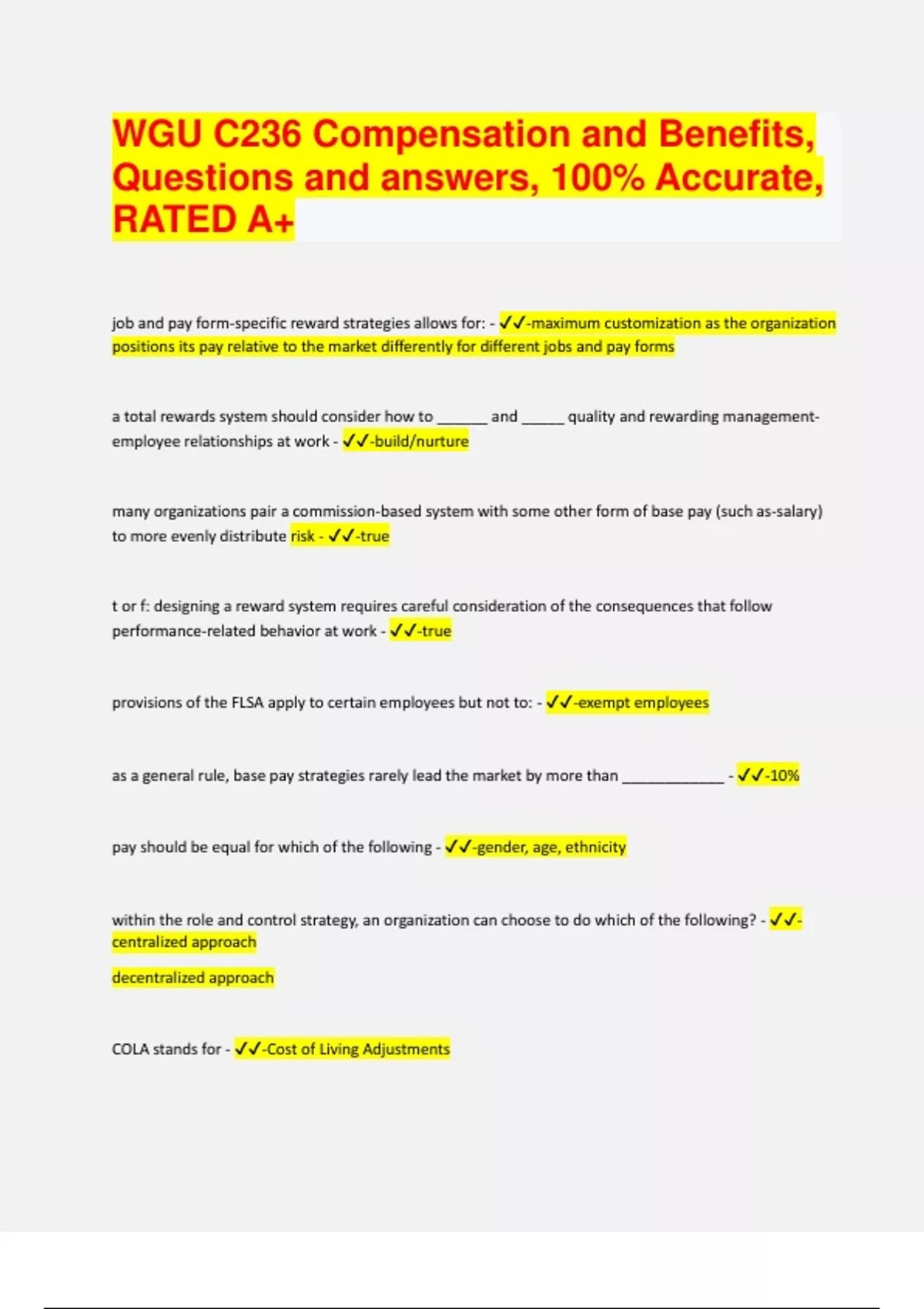 WGU C236 Compensation and Benefits, Questions and answers, 100% Accurate, RATED A+ 2024 - WGU ...