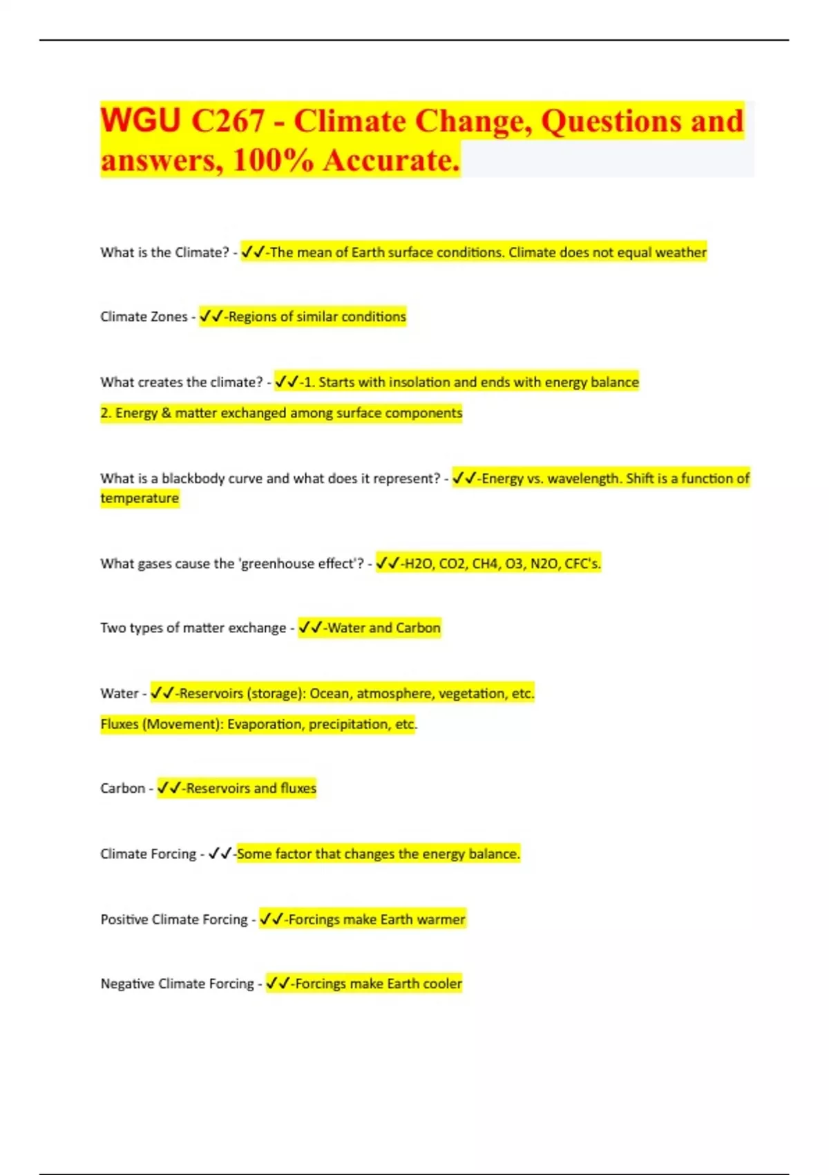 WGU C267 - Climate Change, Questions and answers, 100% Accurate 2024 - WGU C267 - Climate Change ...