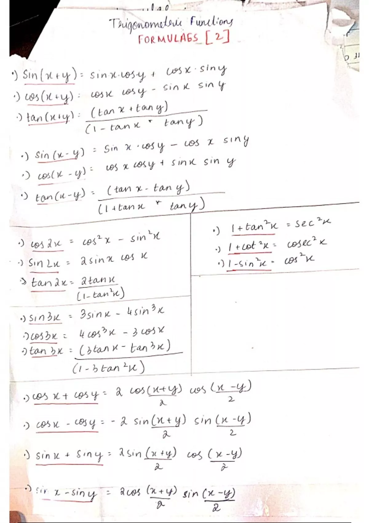 CLASS 11 TRIGONOMETRIC FUNCTIONS FORMULAS (i.e 12th basic formulas) TRIGONOMETRIC FUNCTIONS ...