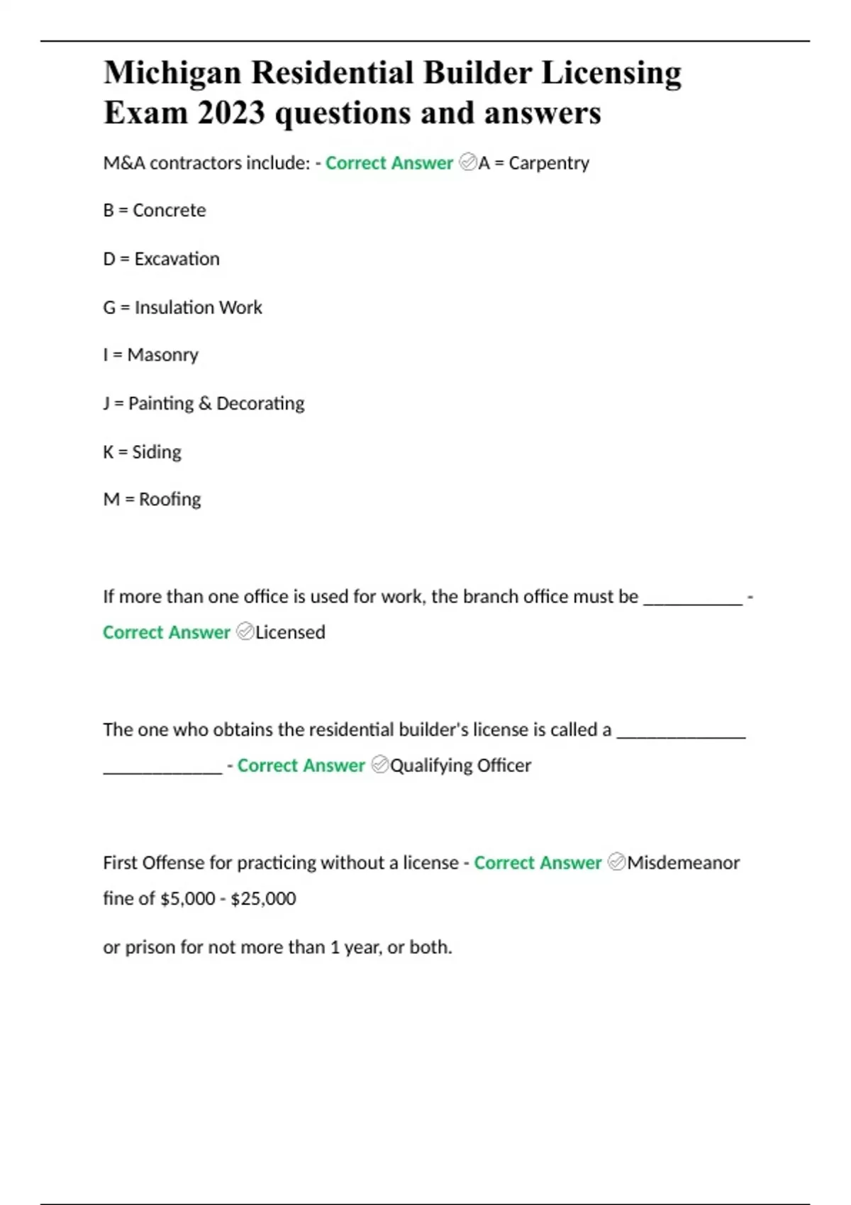 Michigan Residential Builder Licensing Exam 2023 questions and answers ...