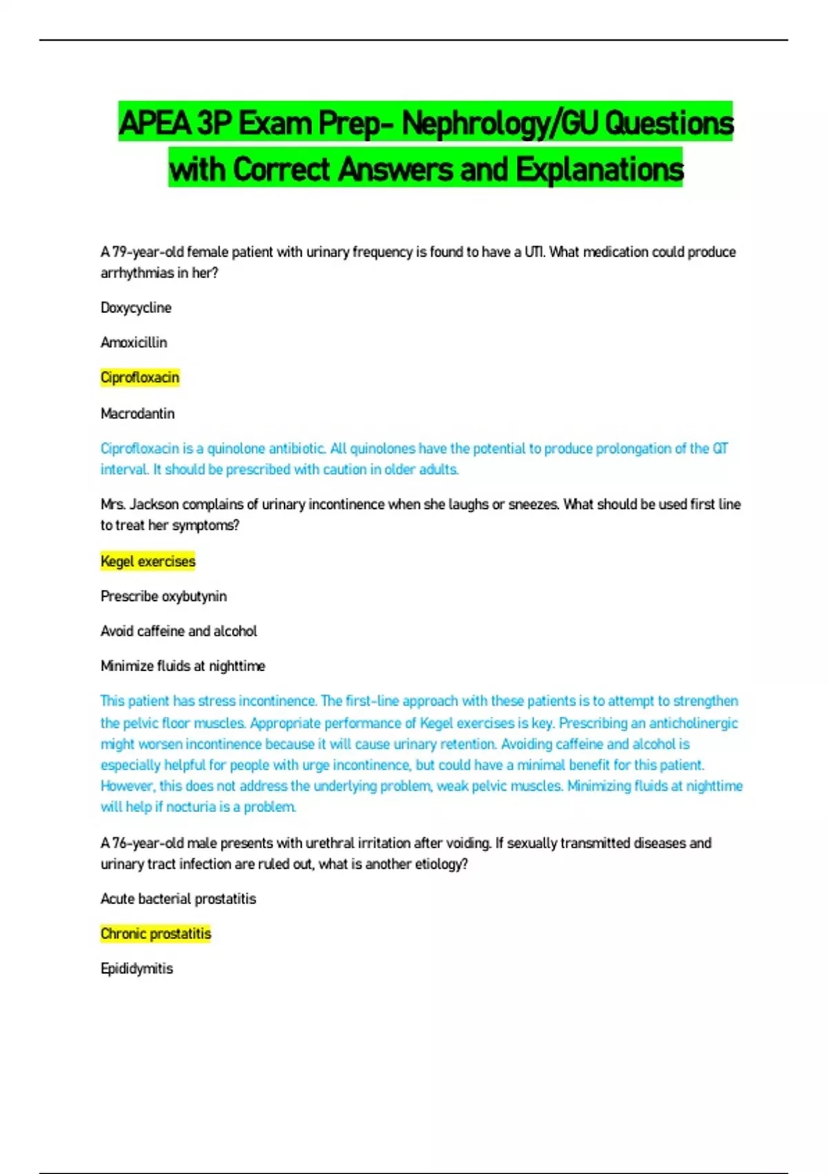 APEA 3P Exam Prep- Nephrology/GU Questions with Correct Answers and ...