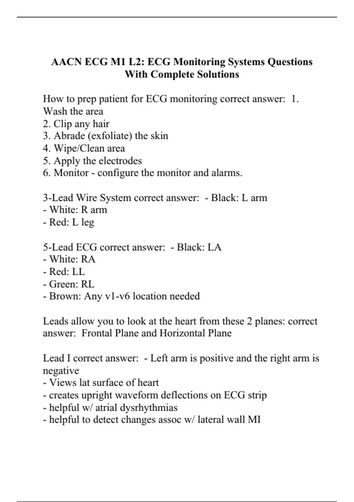 AACN ECG M1 L2: ECG Monitoring Systems Questions With Complete ...