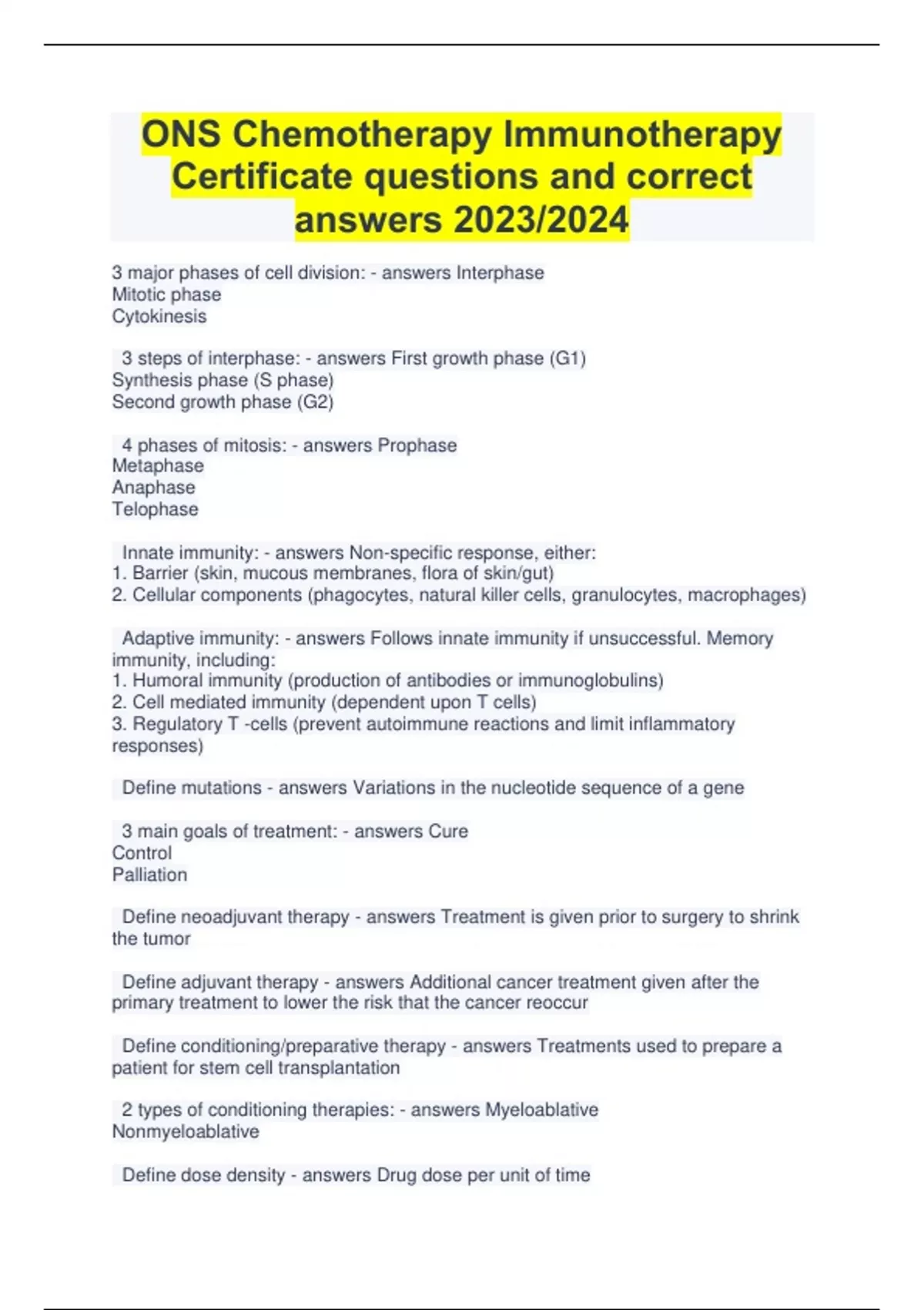 ONS Chemotherapy Immunotherapy Certificate questions and correct ...