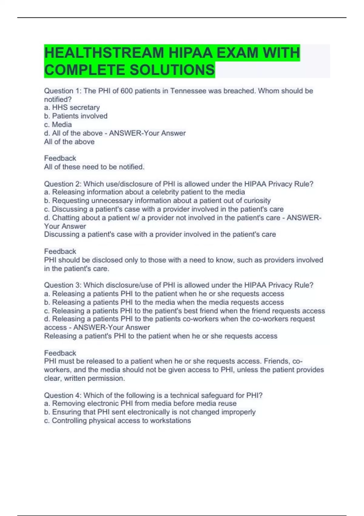 HEALTHSTREAM HIPAA EXAM WITH COMPLETE SOLUTIONS - Healthstream - Stuvia US