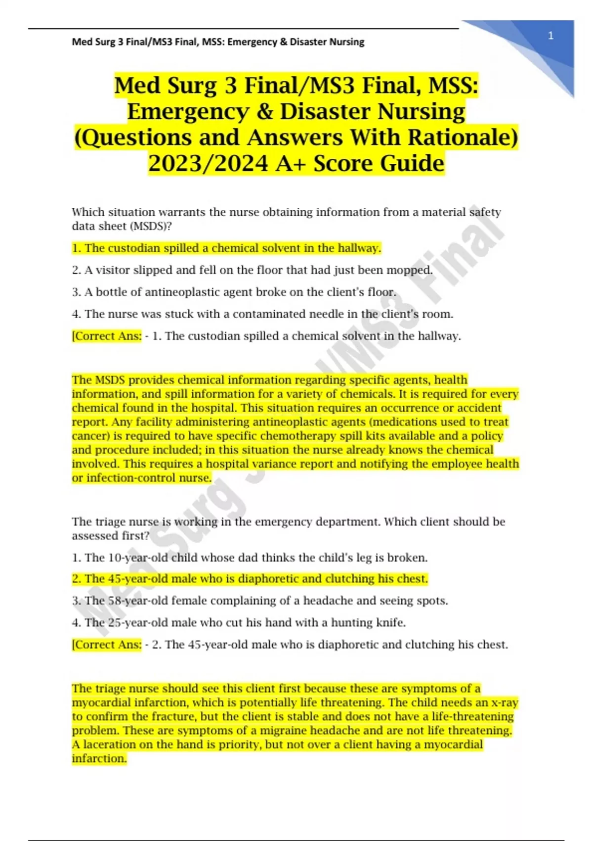 Med Surg 3 Final/MS3 Final, MSS: Emergency & Disaster Nursing ...