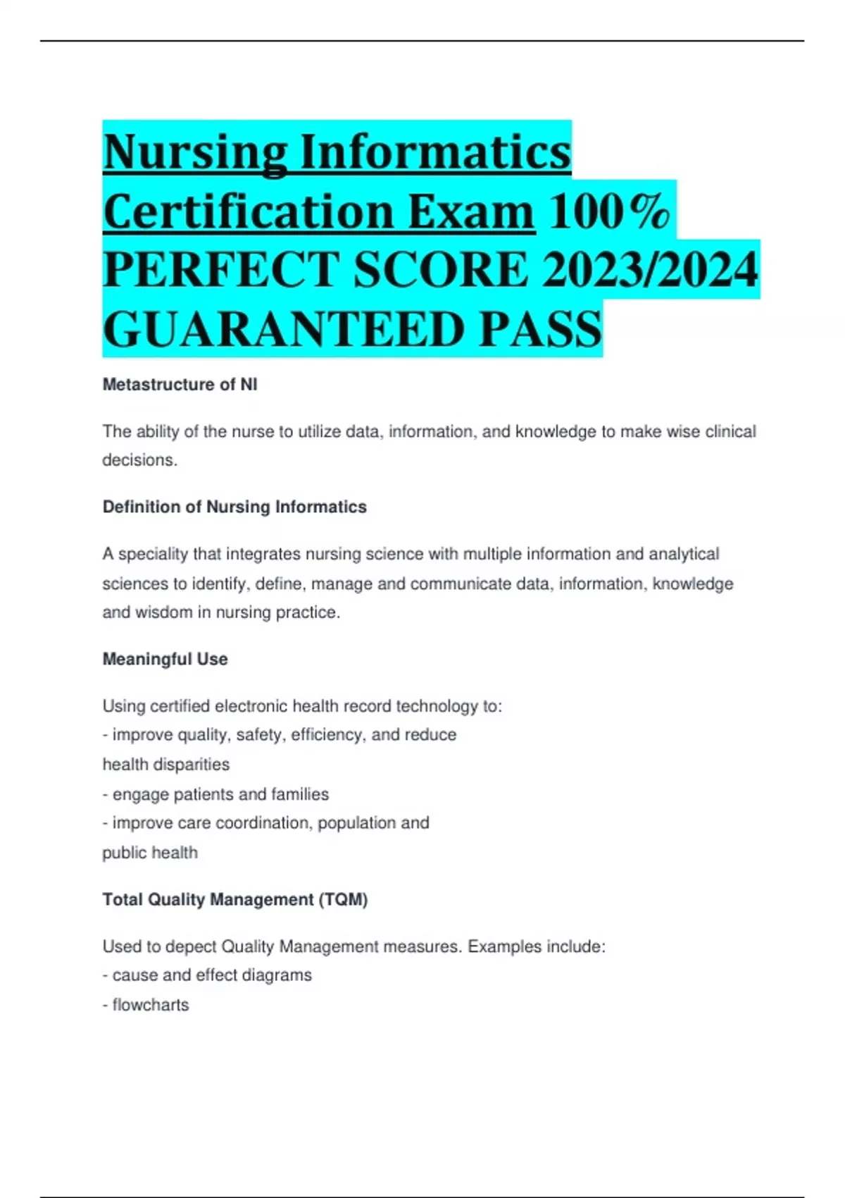 Nursing Informatics Certification Exam 100% PERFECT SCORE 2023/2024 ...