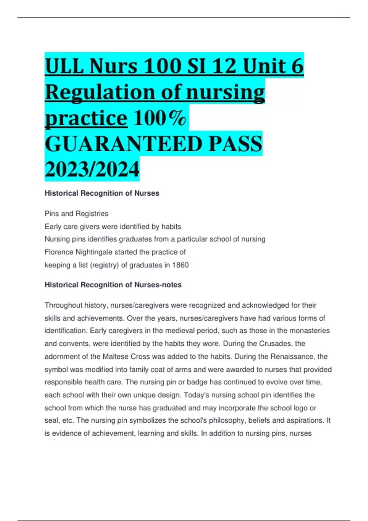 ULL Nurs 100 SI 12 Unit 6 Regulation of nursing practice 100% ...