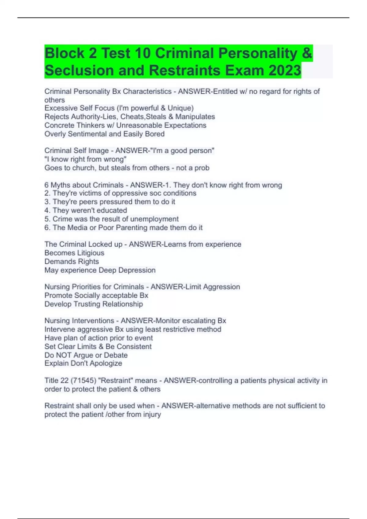 Block 2 Test 10 Criminal Personality & Seclusion and Restraints Exam ...