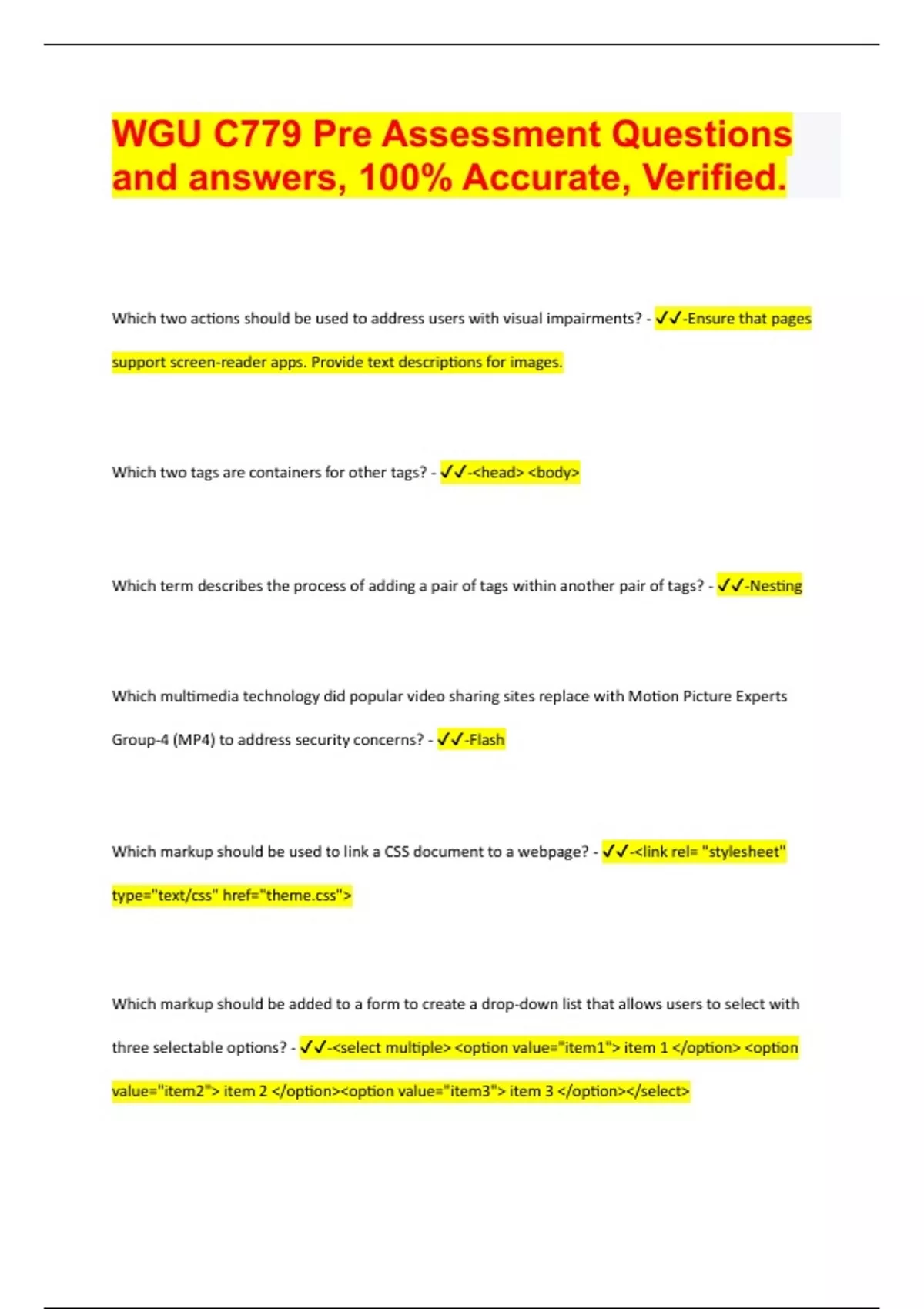 WGU C779 Pre Assessment Questions and answers, 100% Accurate, Verified ...