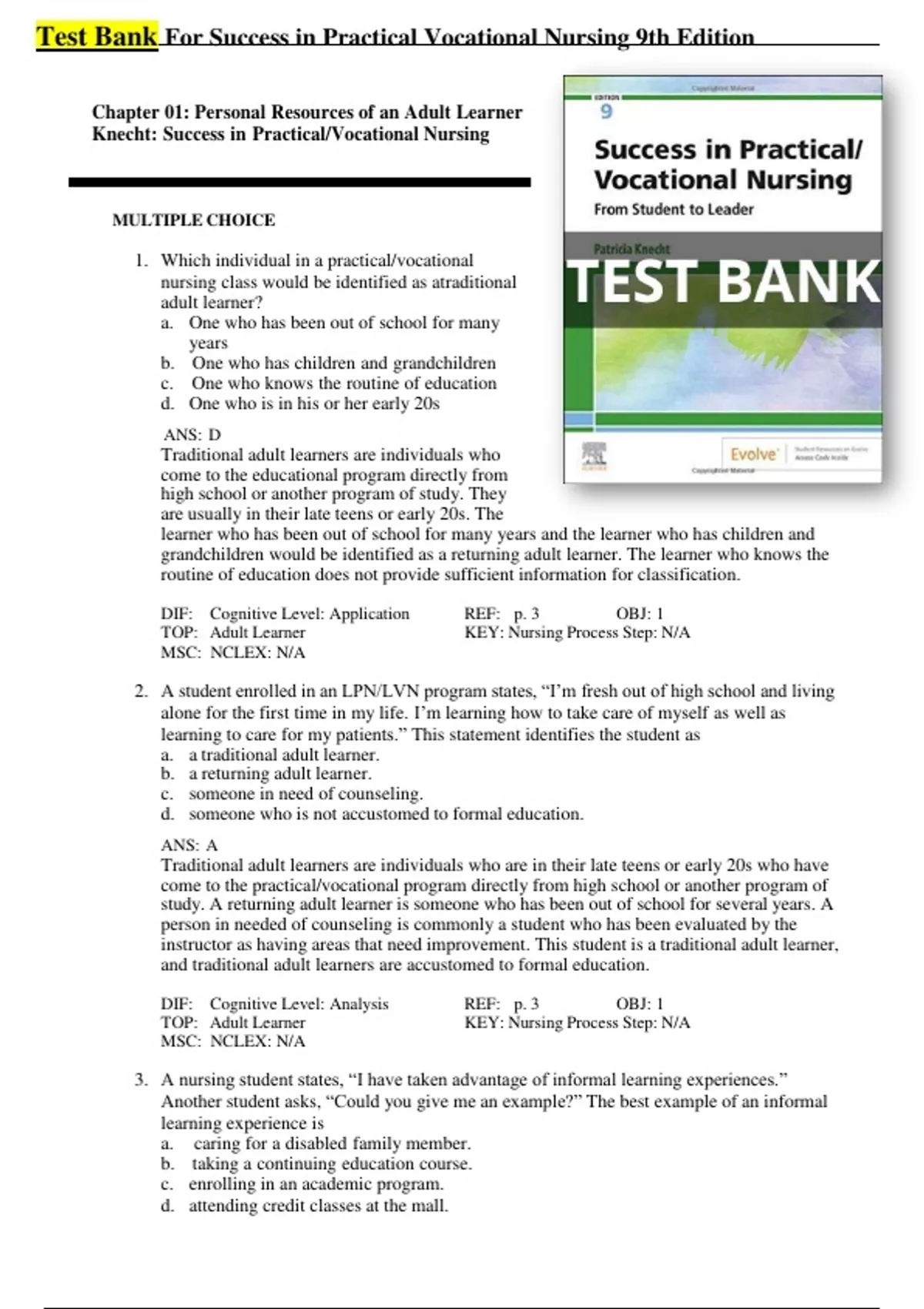 Test Bank For Success in Practical Vocational Nursing 9th Edition by ...