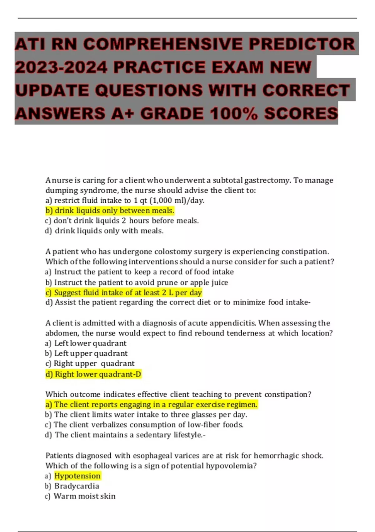 ATI RN COMPREHENSIVE PREDICTOR PRACTICE EXAM NEW UPDATE QUESTIONS WITH CORRECT ANSWERS A+ GRADE ...