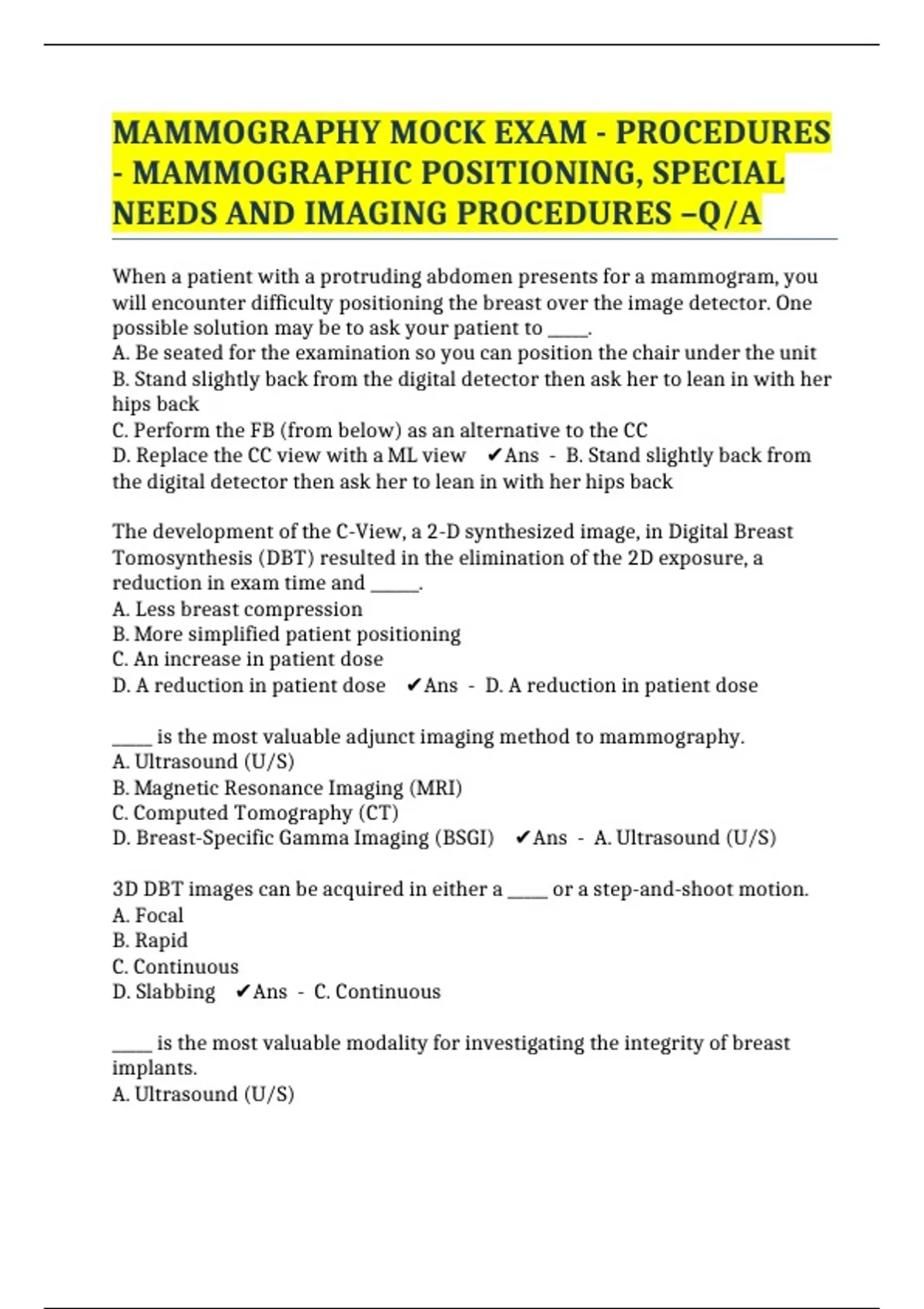MAMMOGRAPHY MOCK EXAM - PROCEDURES - MAMMOGRAPHIC POSITIONING, SPECIAL ...