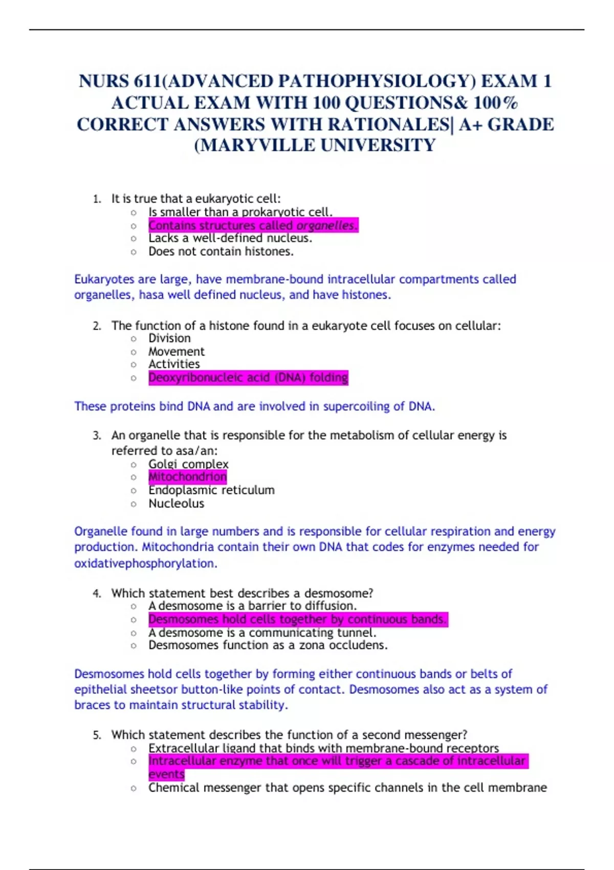 PACKAGE DEAL FOR NURS 611: ADVANCED PATHOPHYSIOLOGY COMPLETE ACTUAL ...