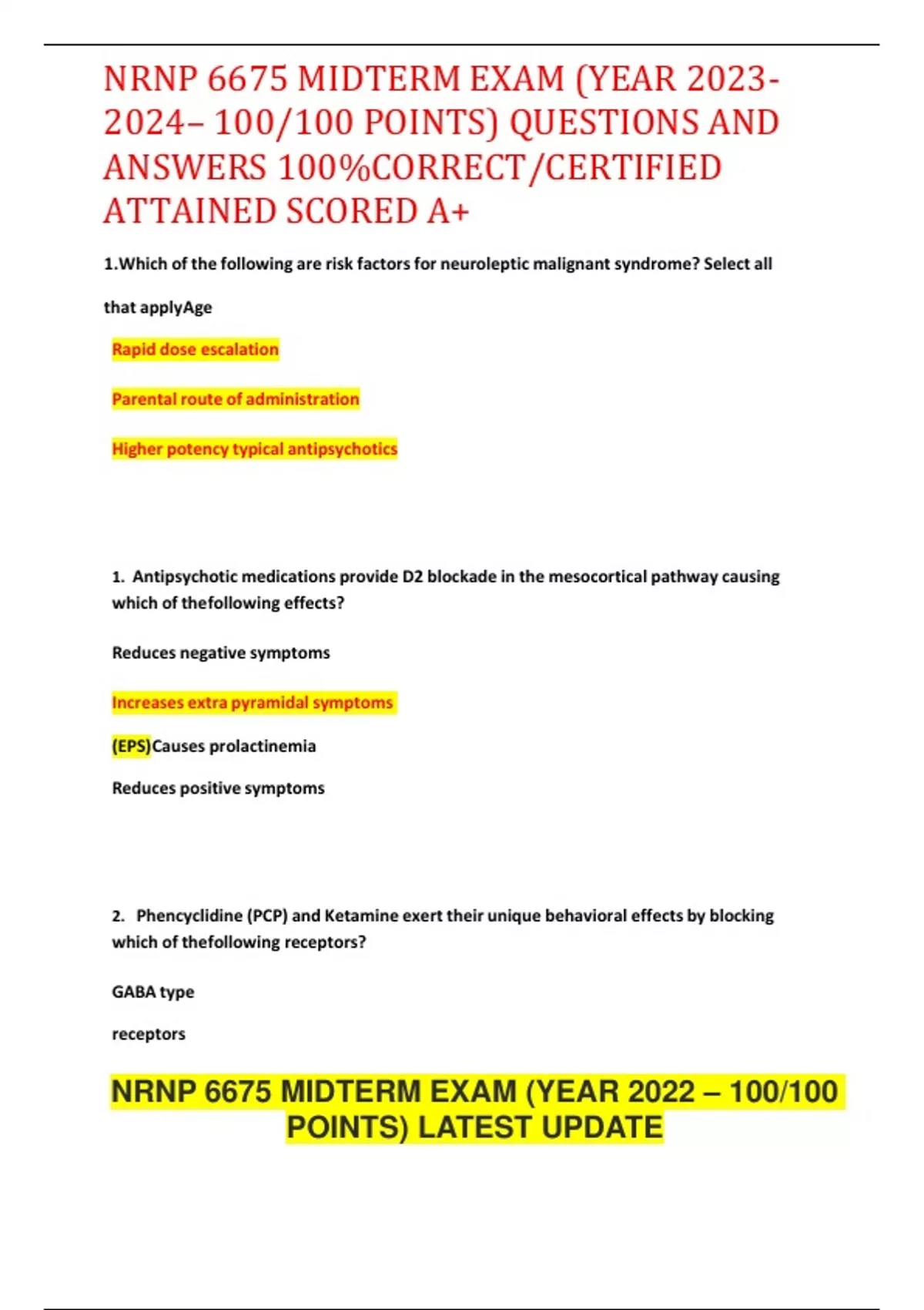 NRNP 6675 MIDTERM EXAM (YEAR – 100/100 POINTS) QUESTIONS AND ANSWERS ...