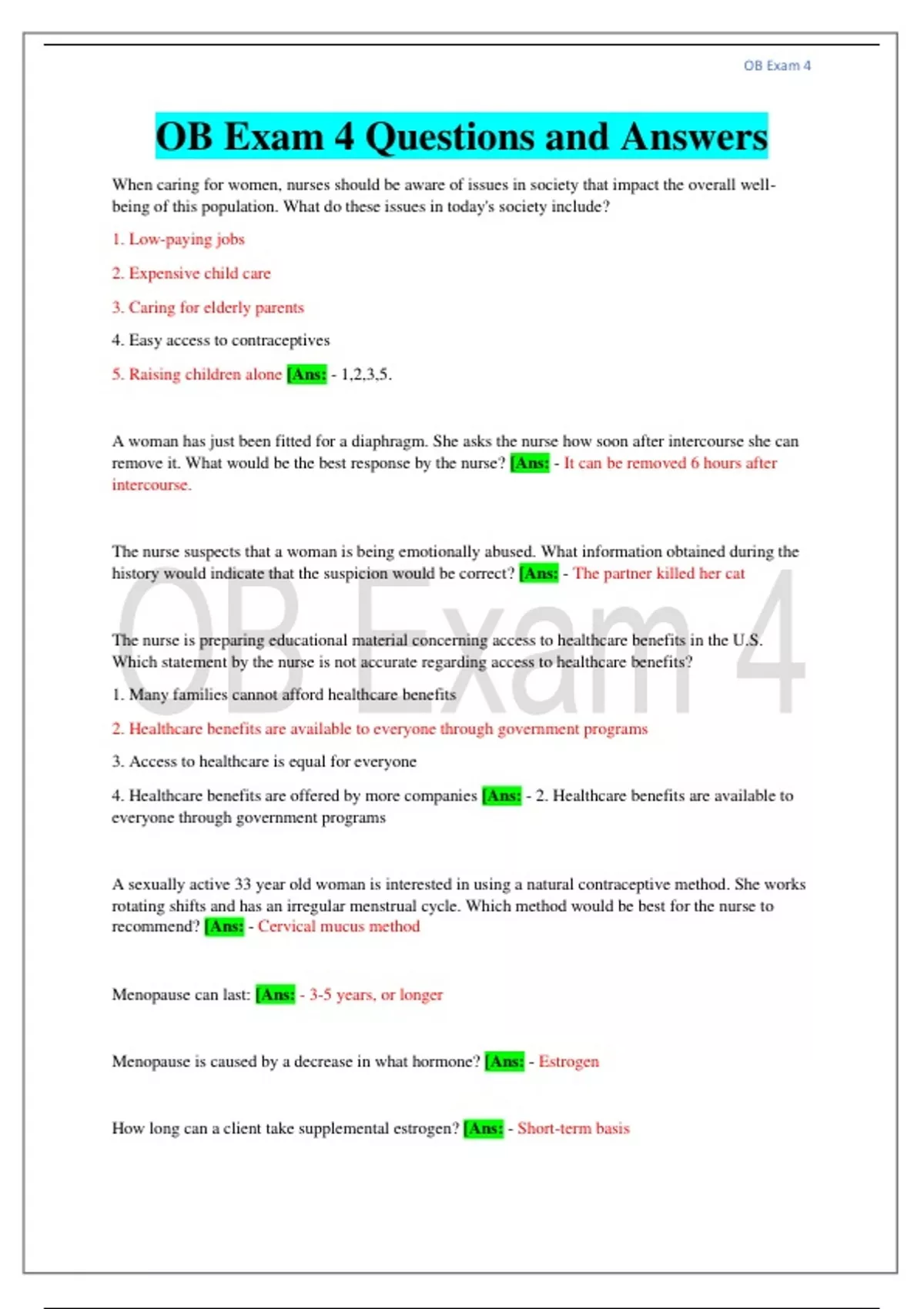 OB Exam 4 Questions and Answers 2023/2024 - OB - Stuvia US