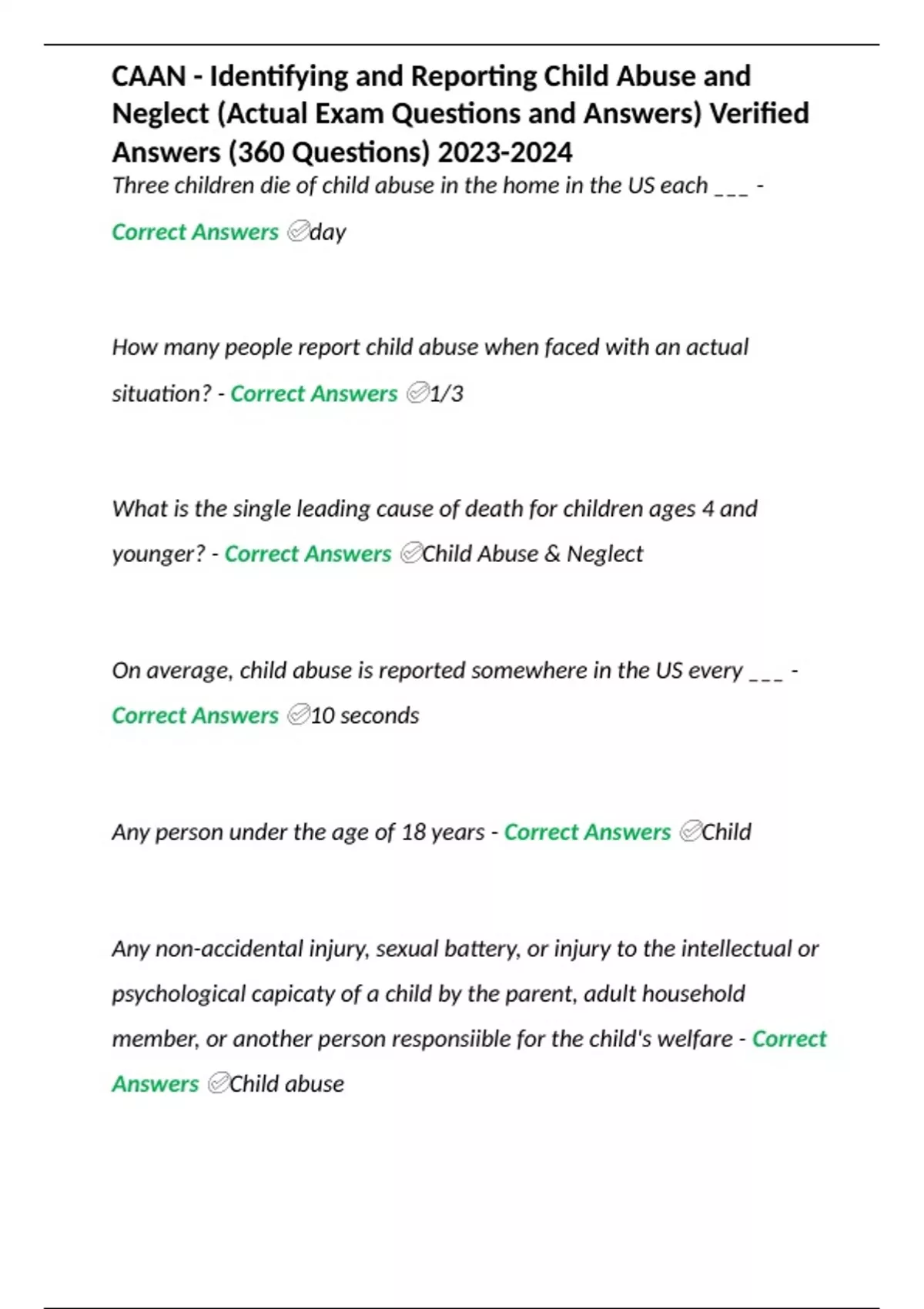 CAAN - Identifying and Reporting Child Abuse and Neglect (Actual Exam Questions and Answers ...