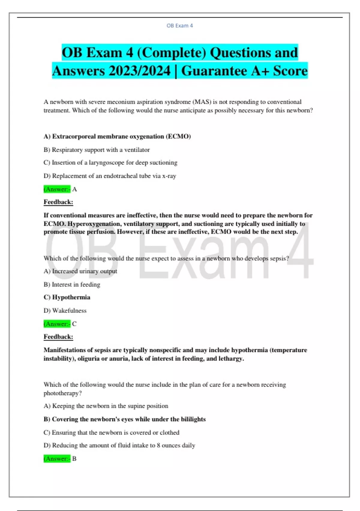 OB Exam 4 (Complete) Questions and Answers 2023/2024 | Guarantee A+ ...