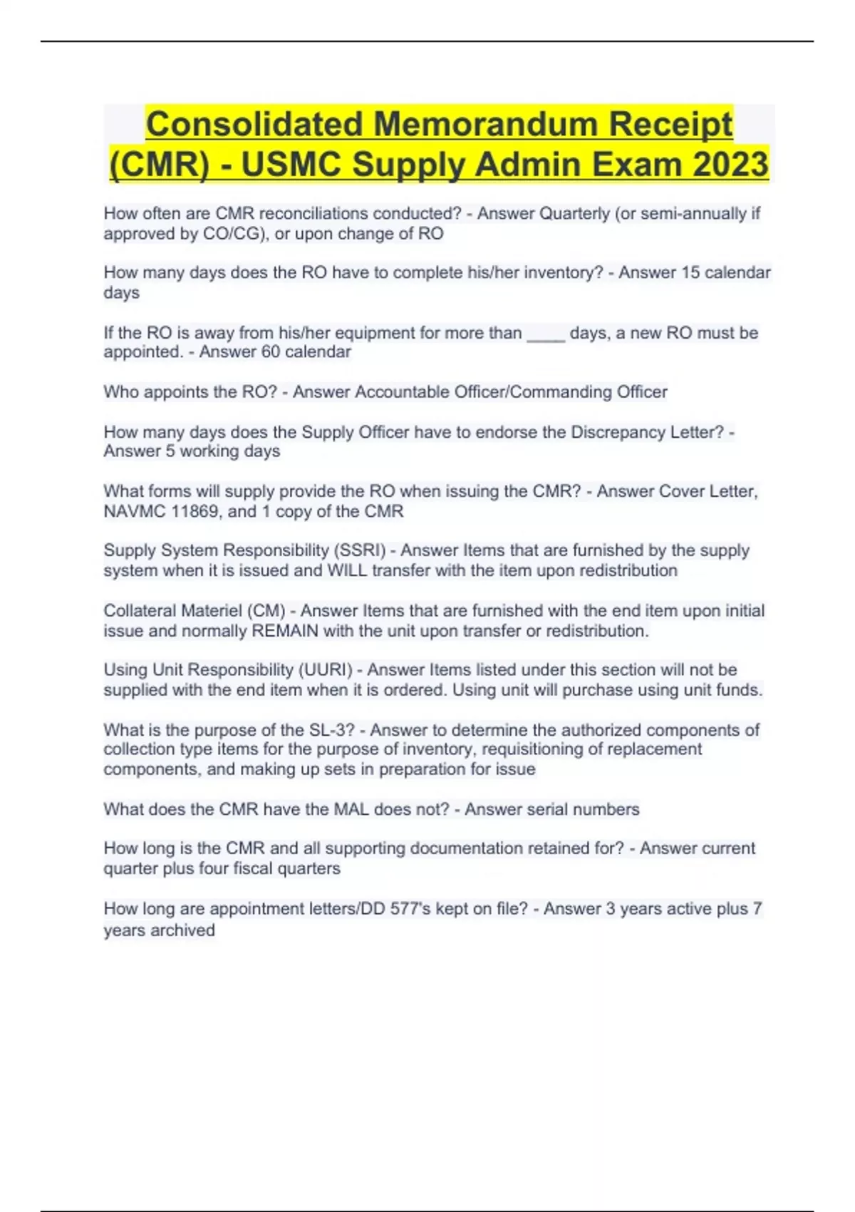 Consolidated Memorandum Receipt (CMR) - USMC Supply Admin Exam 2023 ...