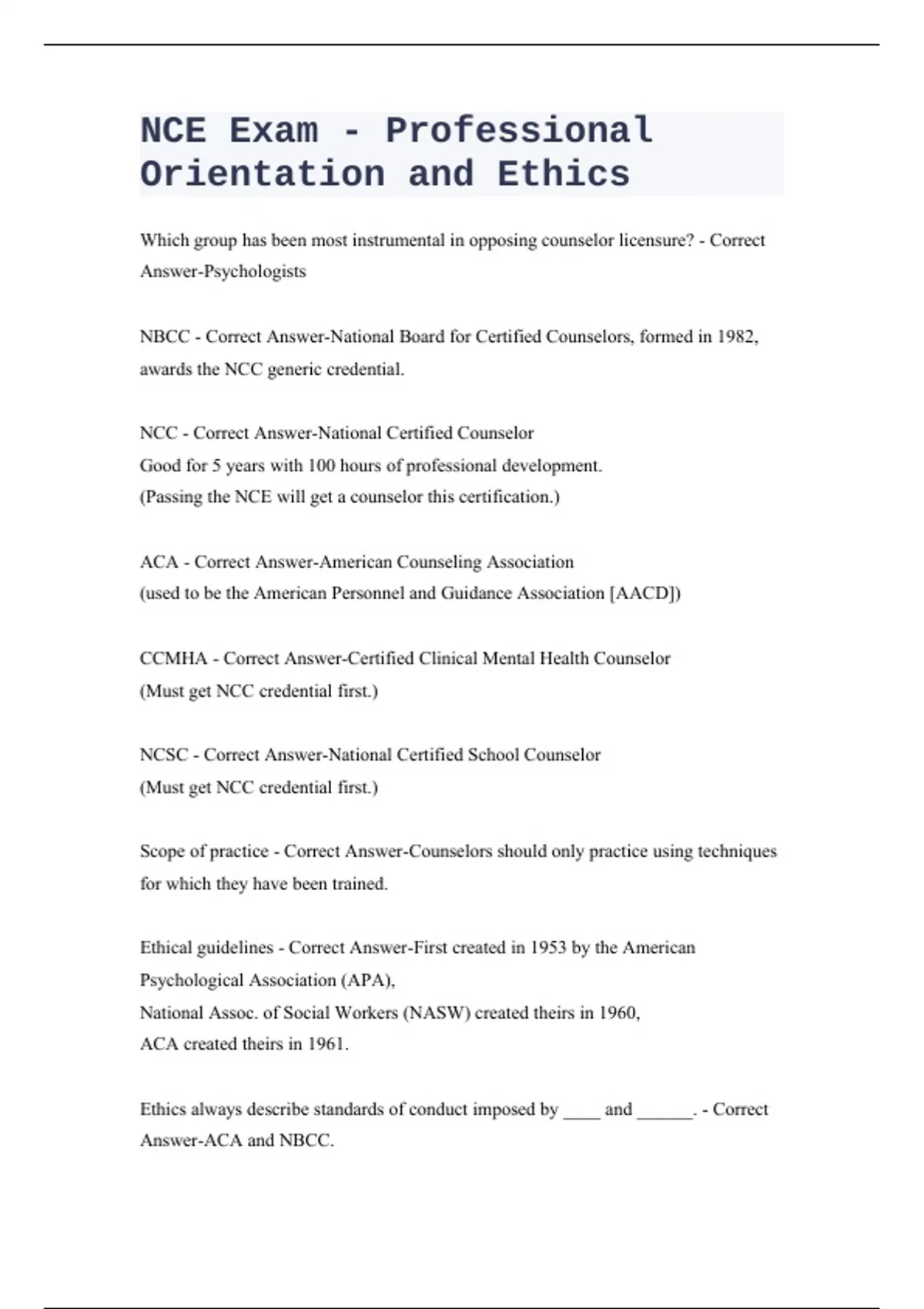 NCE Exam - Professional Orientation and Ethics - NCE Ec - Stuvia US