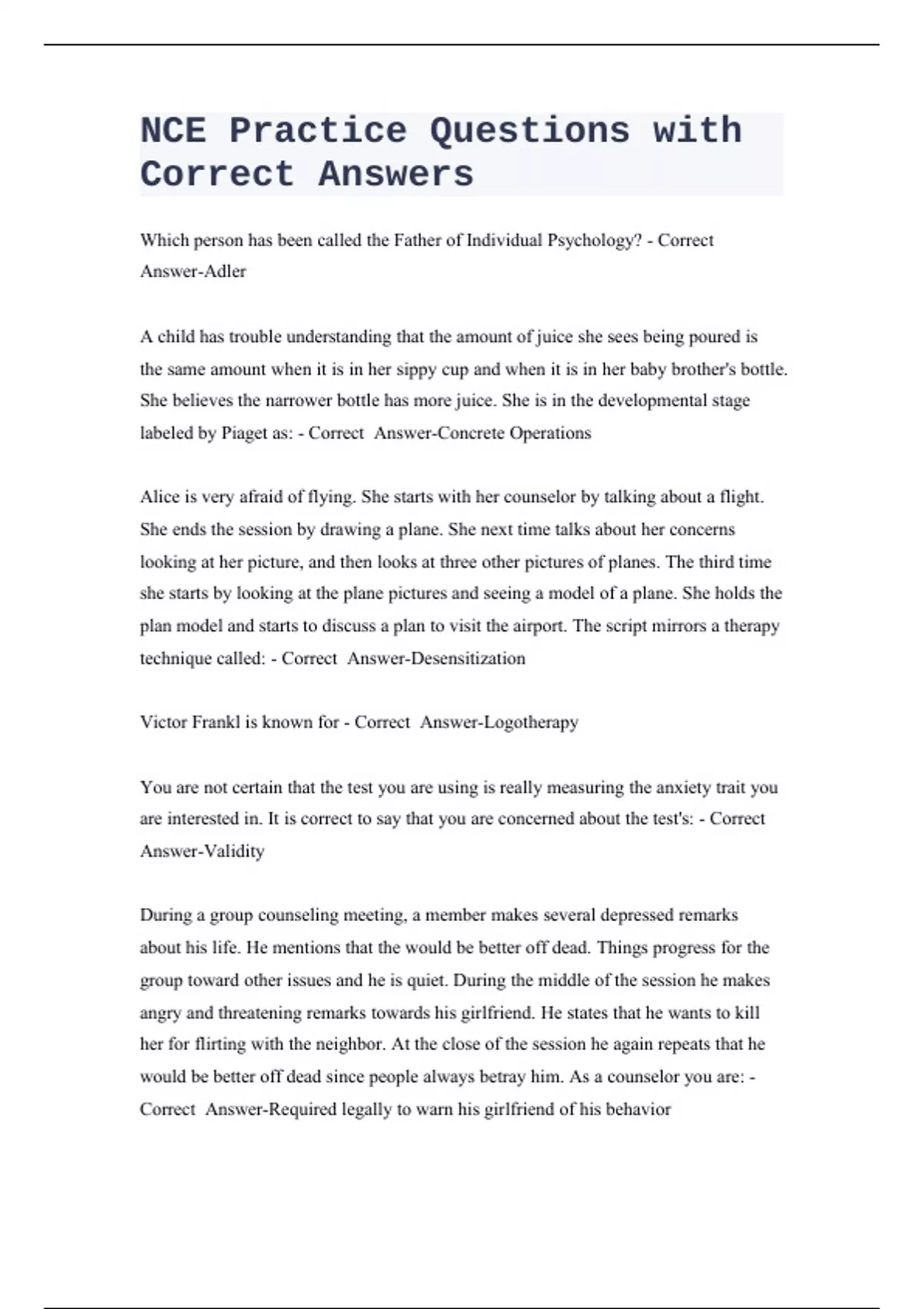 NCE Practice Questions with Correct Answers - NCEx - Stuvia US