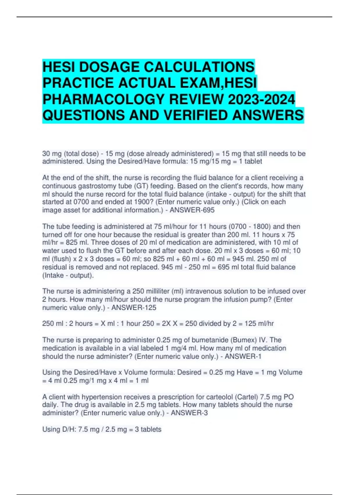 HESI DOSAGE CALCULATIONS PRACTICE ACTUAL EXAM,HESI PHARMACOLOGY REVIEW QUESTIONS AND VERIFIED ...