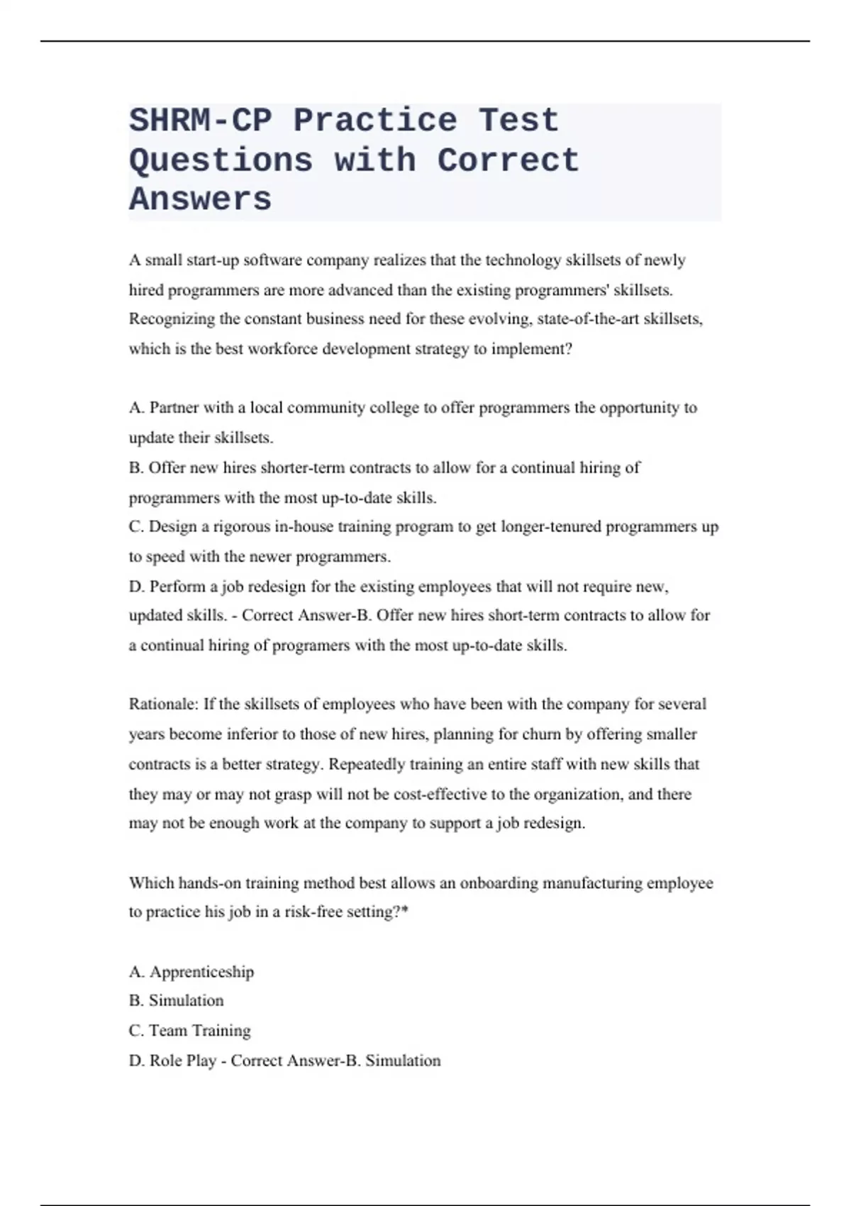 SHRM-CP Practice Test Questions with Correct Answers - SHRM-CP - SHRM ...