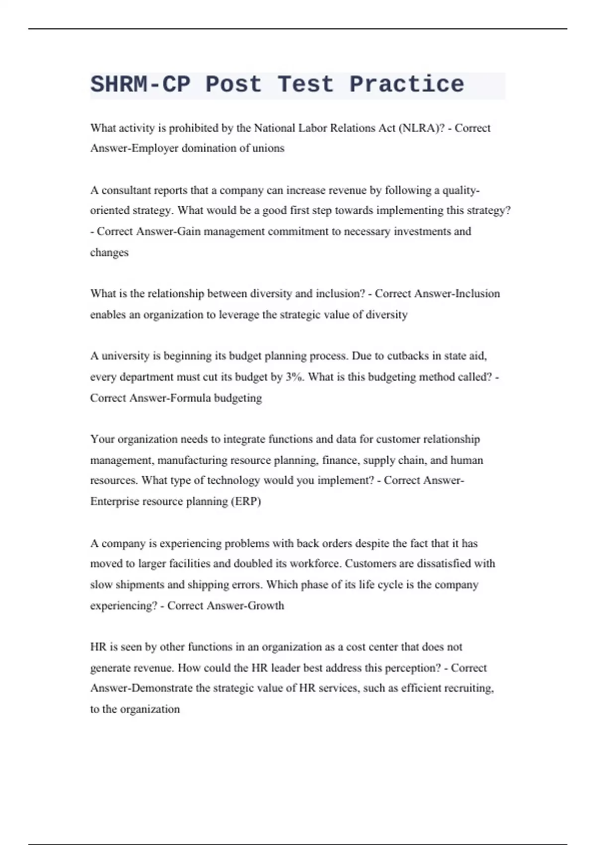 SHRM-CP Post Test Practice with Correct Answers - SHRM-CP - SHRM ...