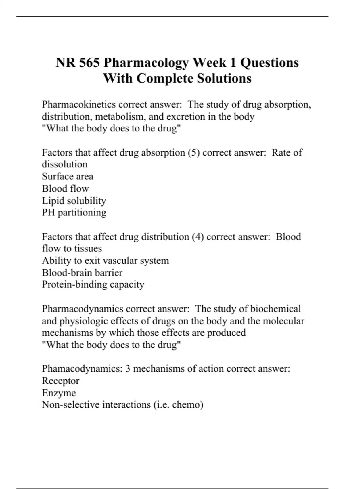 NR 565 Pharmacology Week 1 Questions With Complete Solutions - NR 565 - Stuvia US