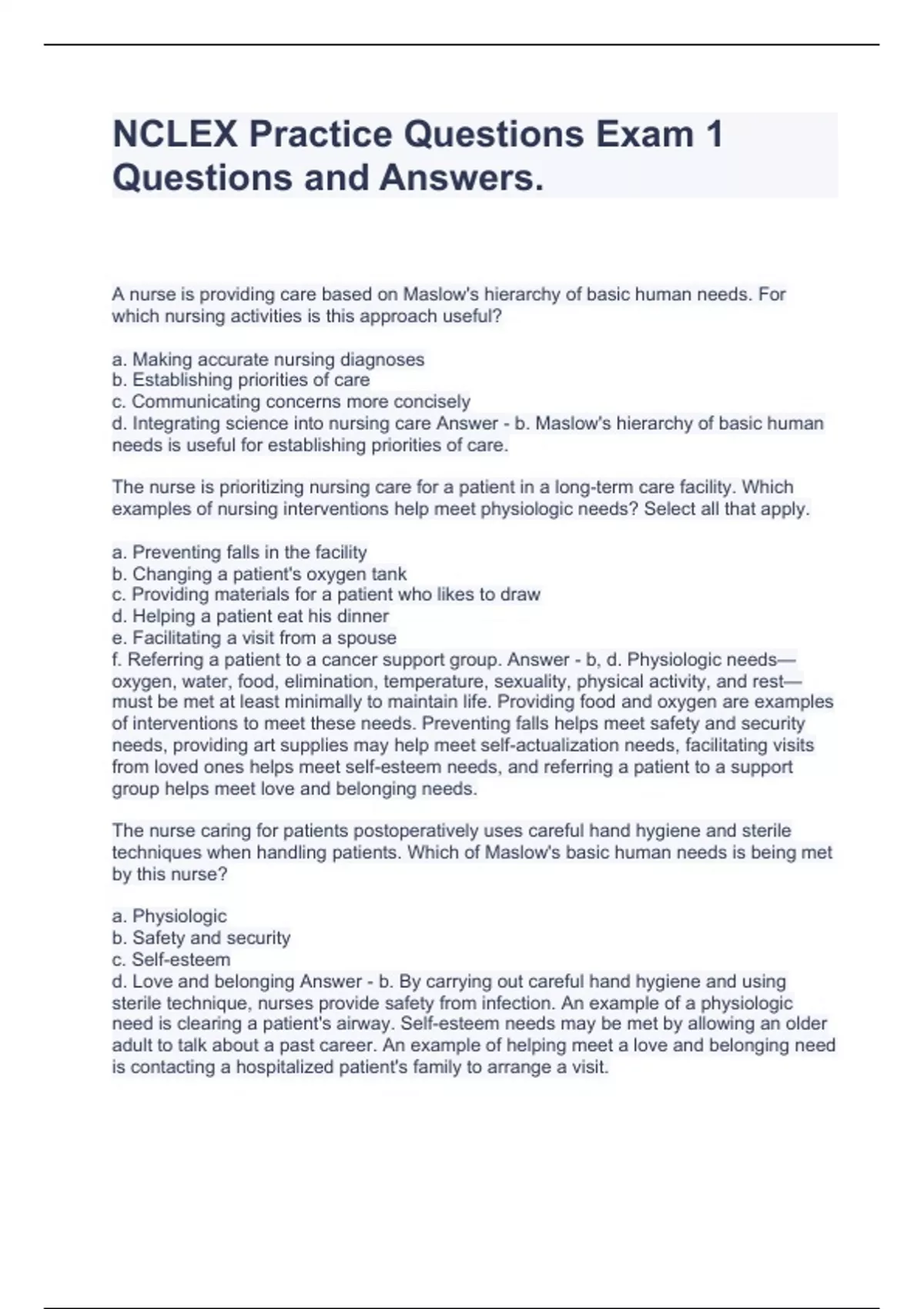 NCLEX Practice Questions Exam 1 Questions and Answers. - Nursing ...