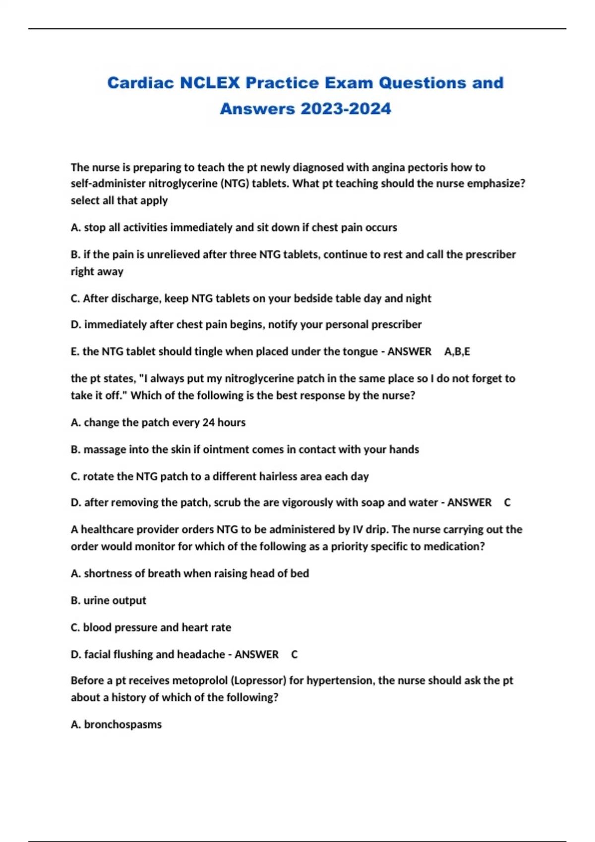 Cardiac NCLEX Practice Exam Questions and Answers - Cardiac NCLEX ...