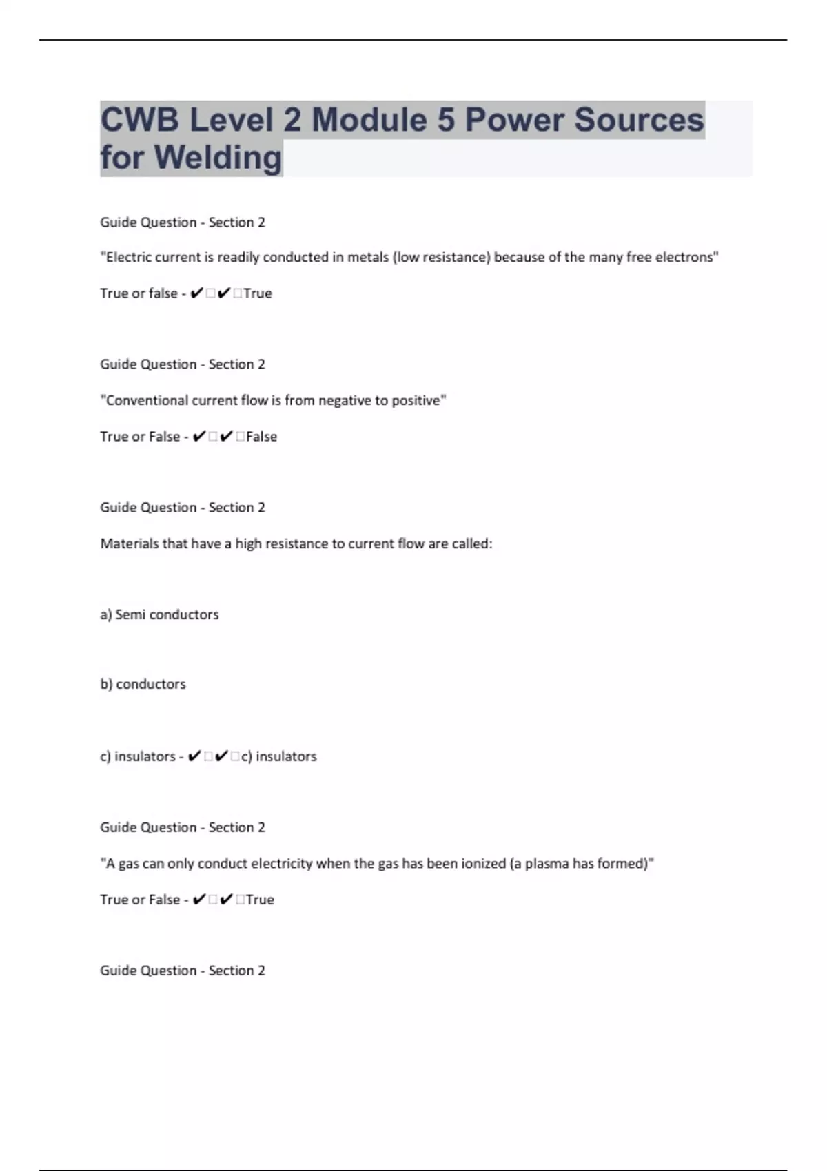 CWB Level 2 Module 5 Power Sources for Welding|80 Questions with 100% Correct Answers | Updated ...
