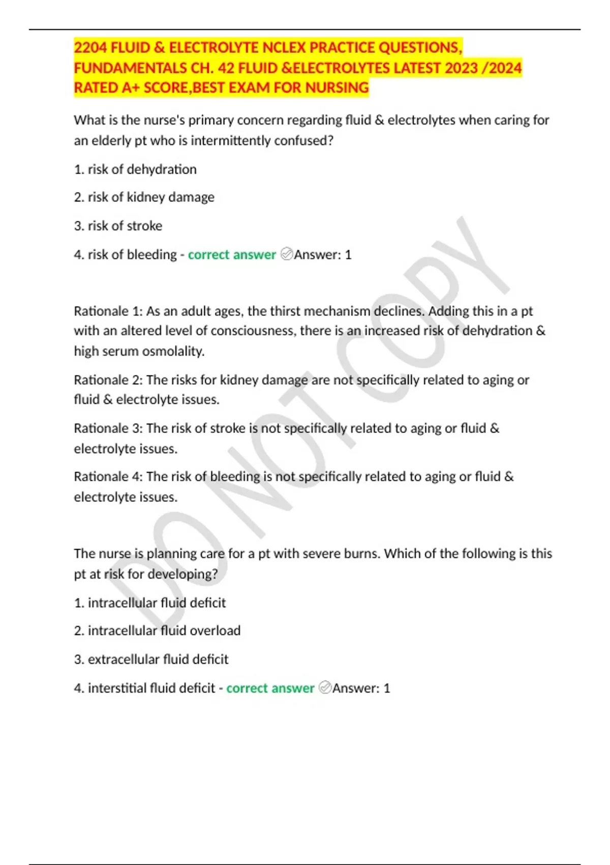 2204 FLUID & ELECTROLYTE NCLEX PRACTICE QUESTIONS, FUNDAMENTALS CH. 42 ...