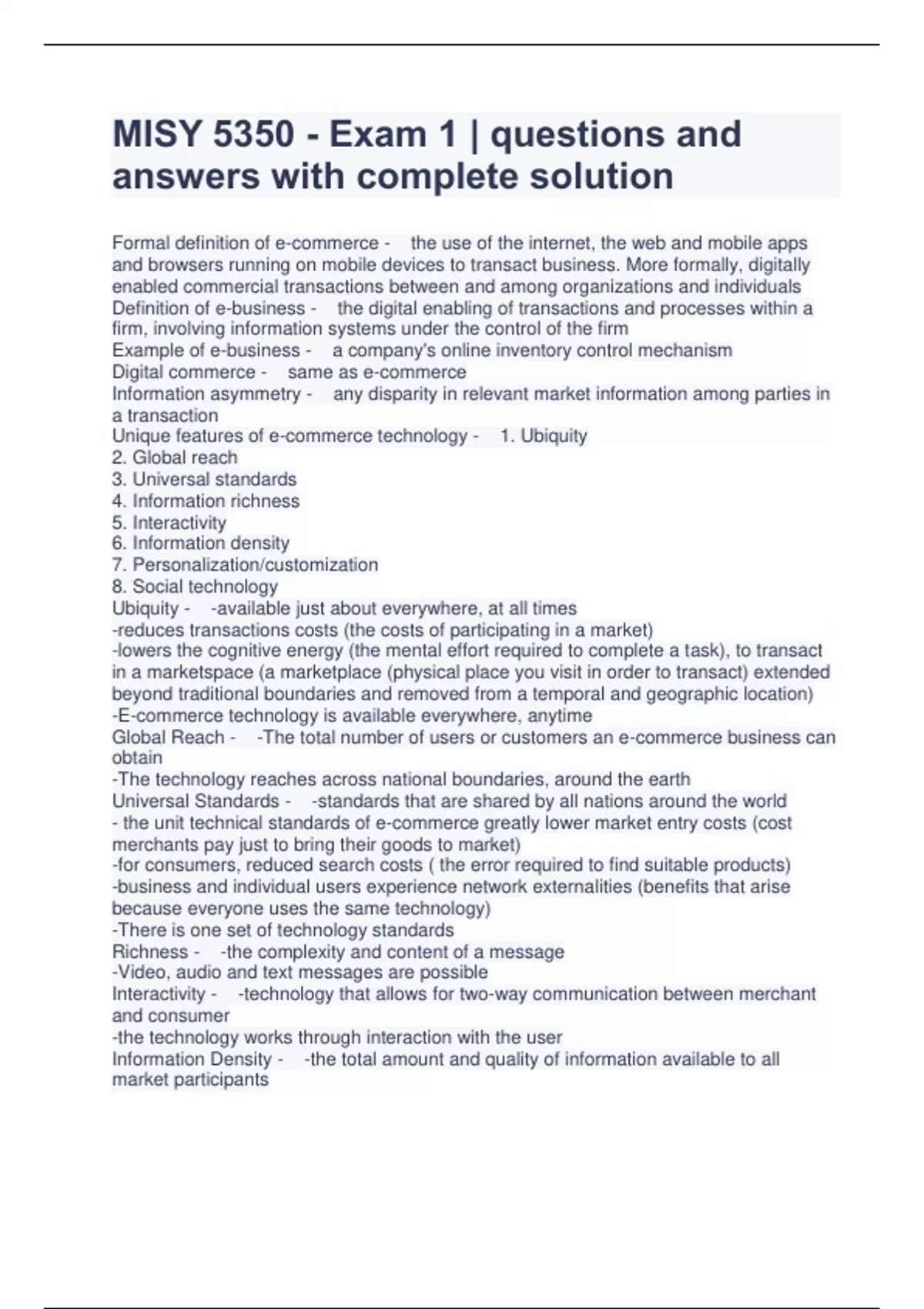 MISY 5350 - Exam 1 | questions and answers with complete solution ...