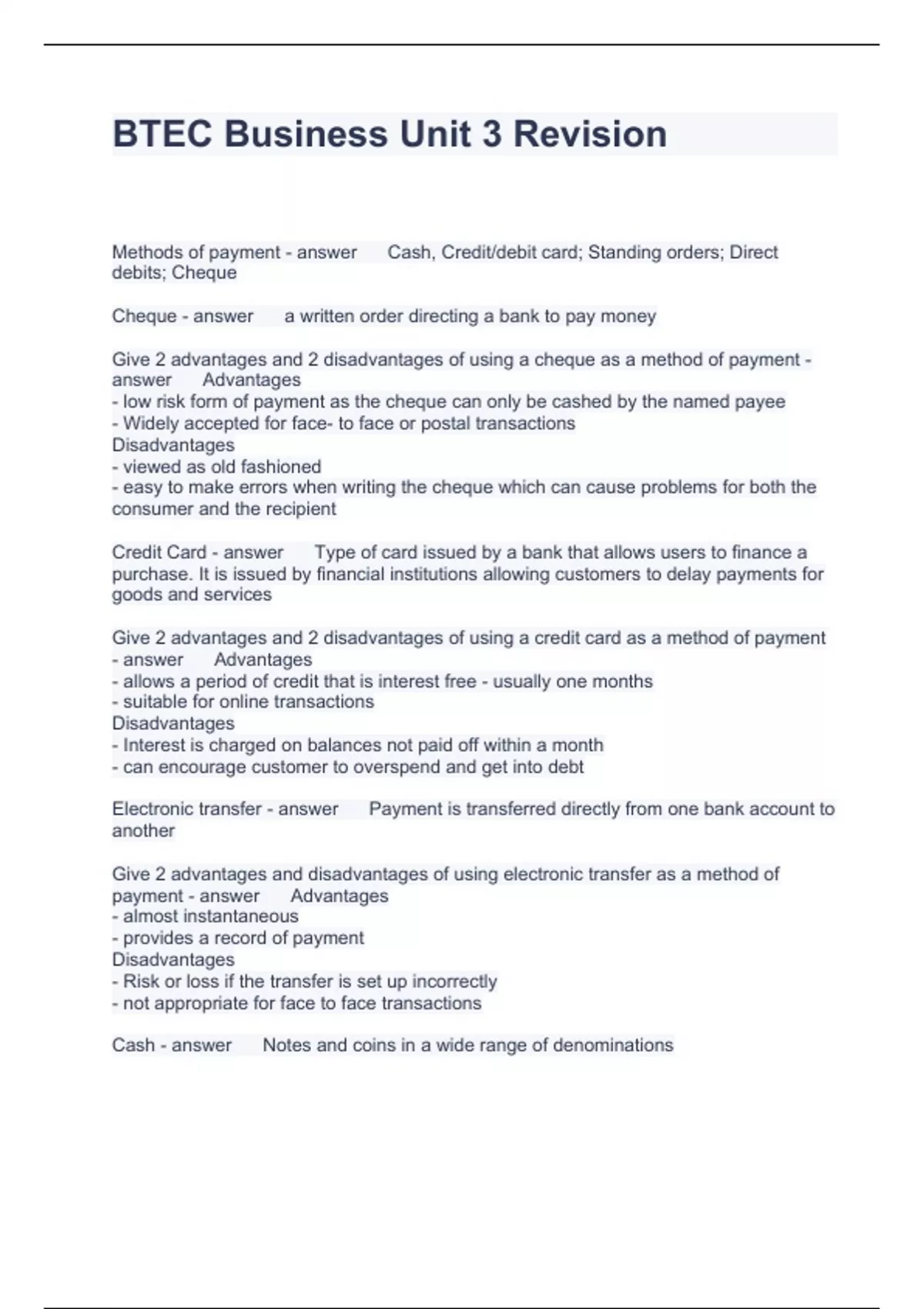 BTEC Business Unit 3 Revision Questions with complete top solutions ...