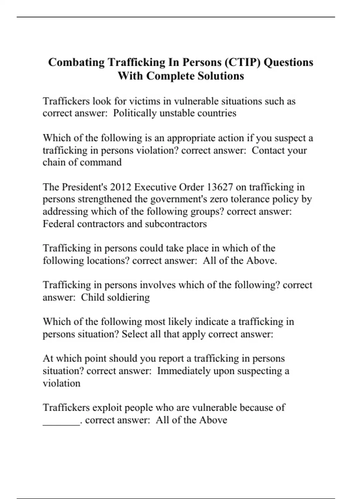 Combating Trafficking In Persons (CTIP) Questions With Complete ...