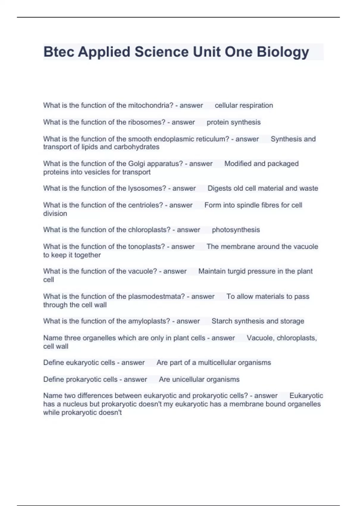 Btec Applied Science Unit One Biology Questions and Answers 100% ...