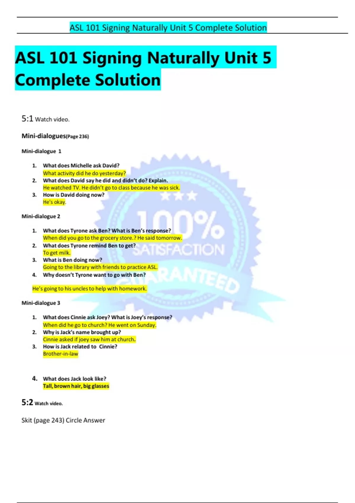 ASL 101 Signing Naturally Unit 5 Complete Solution - ASL 101 Signing ...